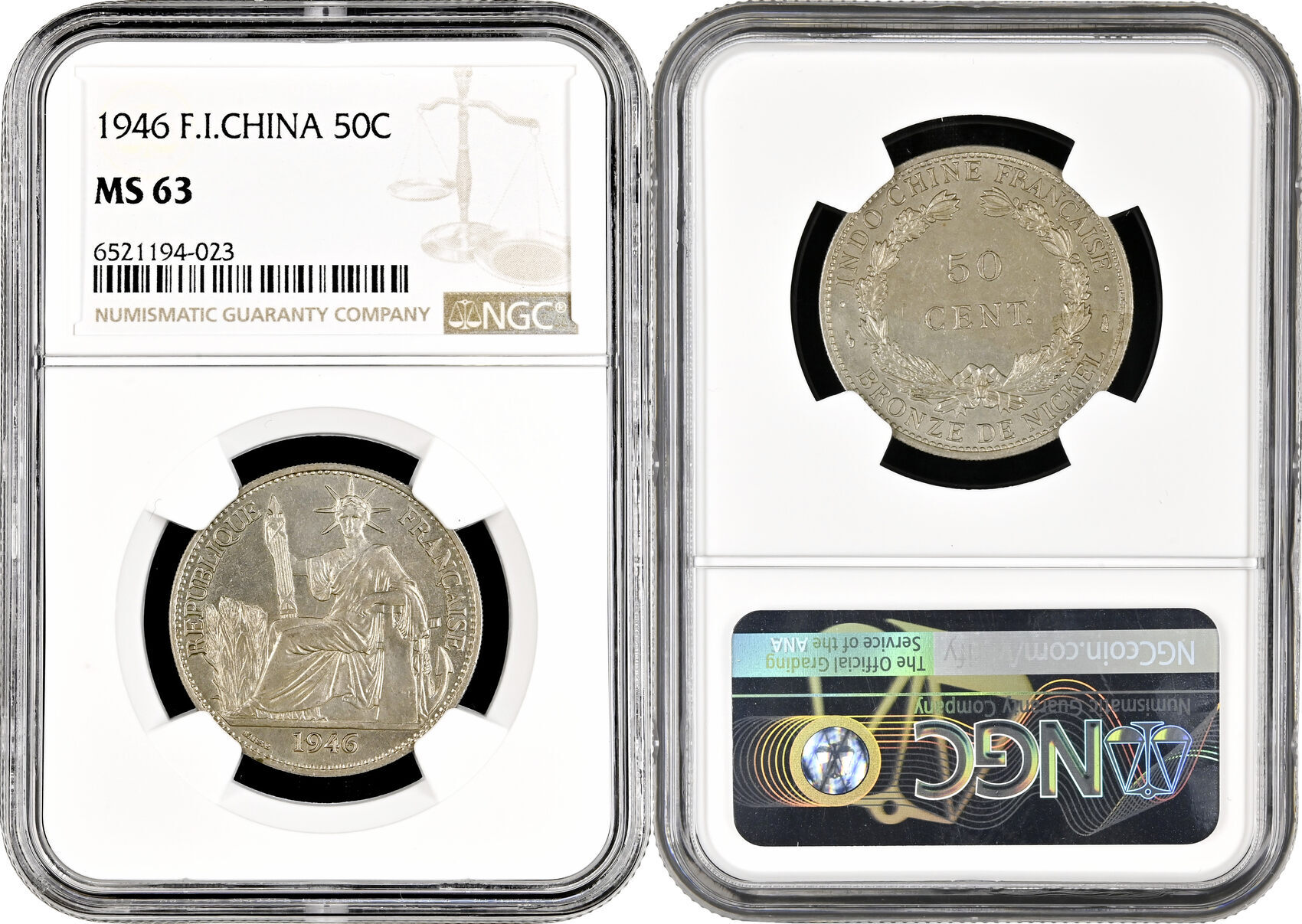 Indochina 50 centiemes 1946, NGC MS63, French Indochina (1885 - 1954) | MA-Shops