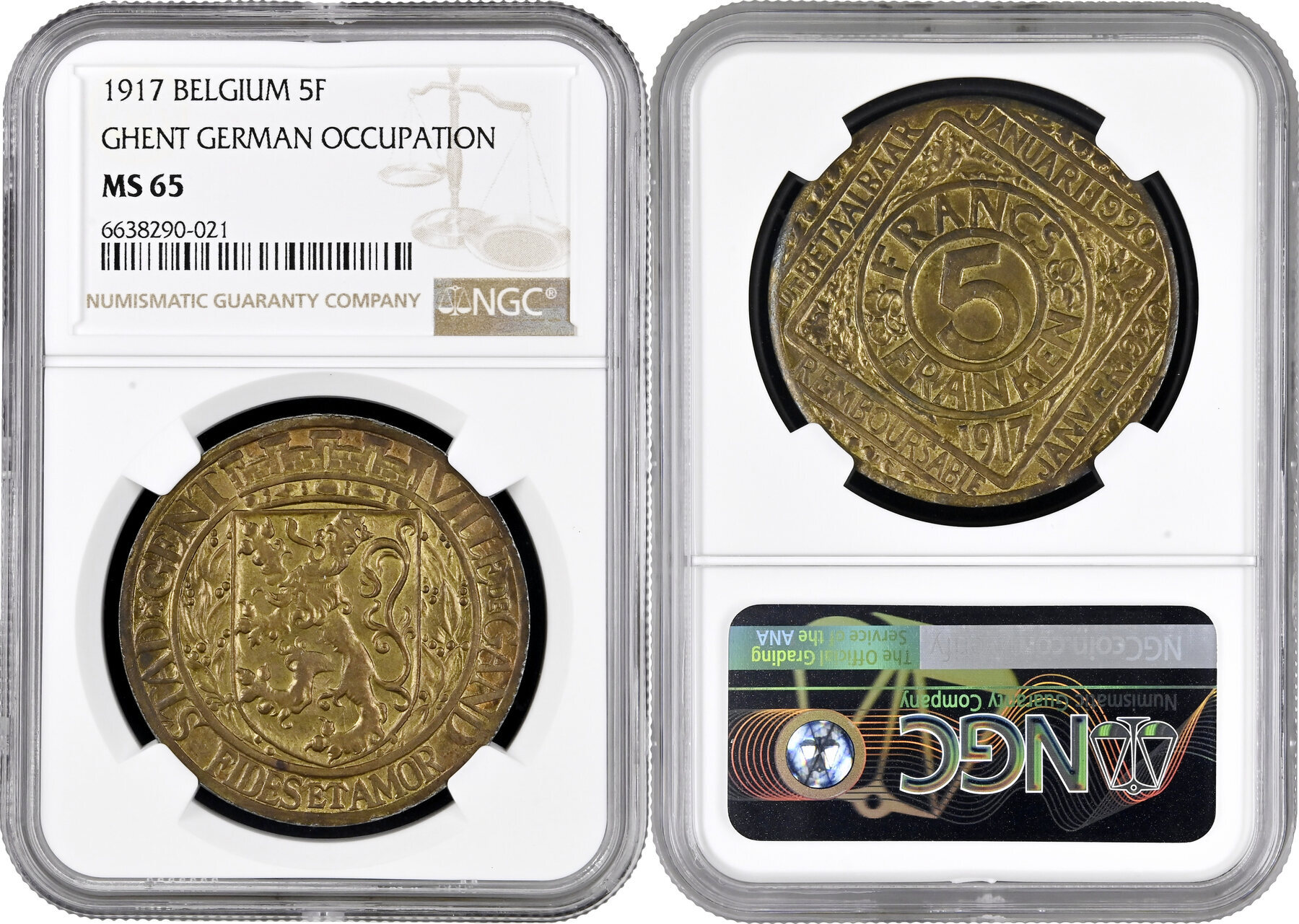 5 francs Belgium 1917, NGC MS65, Ghent - WW1 German Occupation Coinage ...