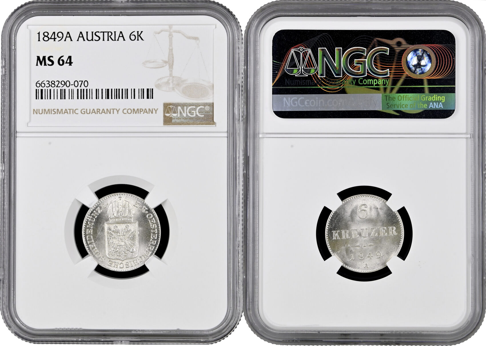 6 kreuzer Austria 1849 A, NGC MS64, Austrian Empire (1806 - 1857) | MA-Shops