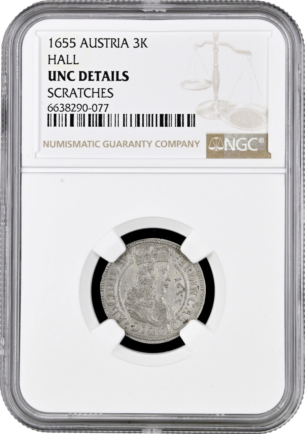 3 kreuzer 1655 Austria HALL, NGC UNC Det., Archduke Ferdinand Charles (1646 - 1662) DATE ...