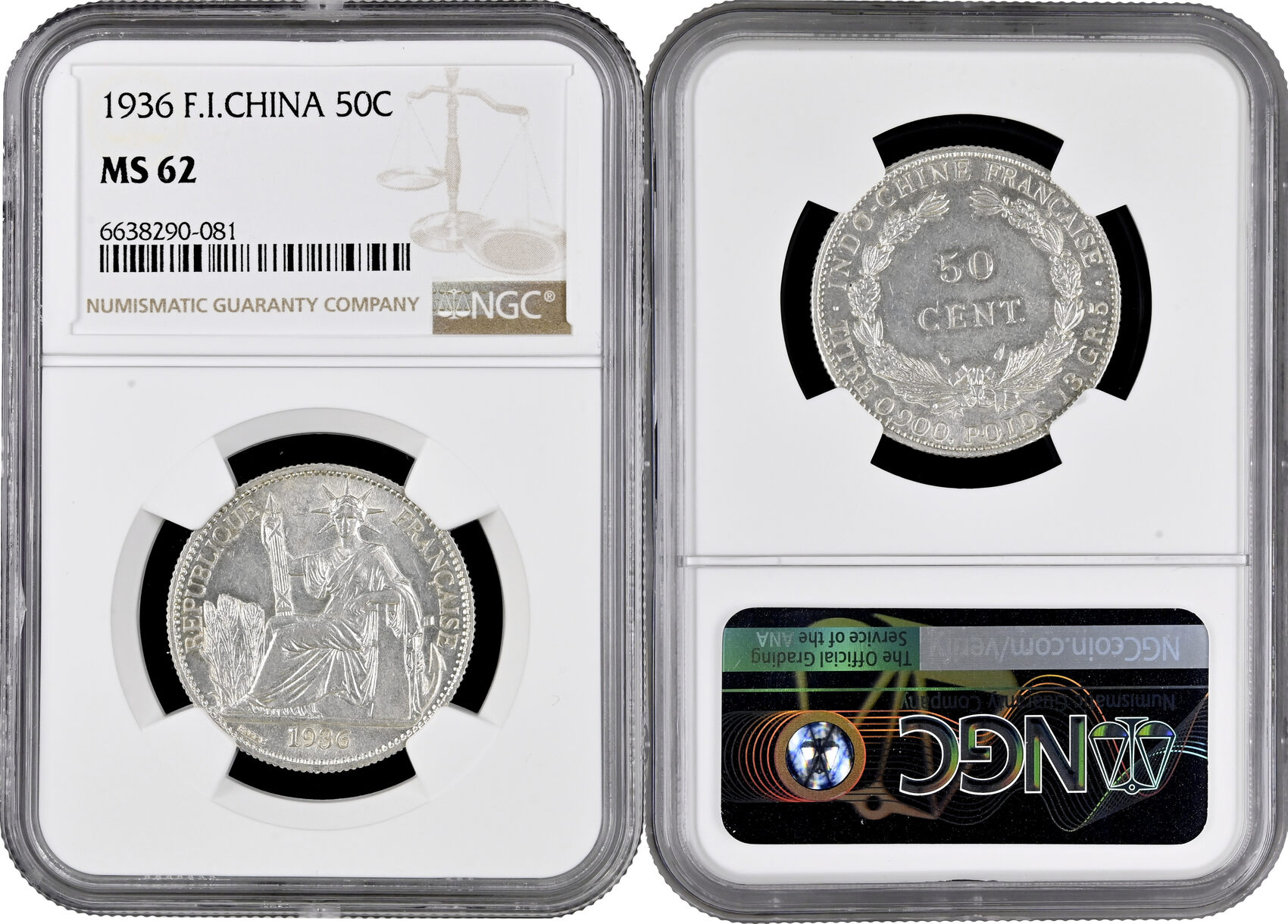 50 cents Indochina 1936, NGC MS62, French Indochina (1885 - 1954) | MA-Shops