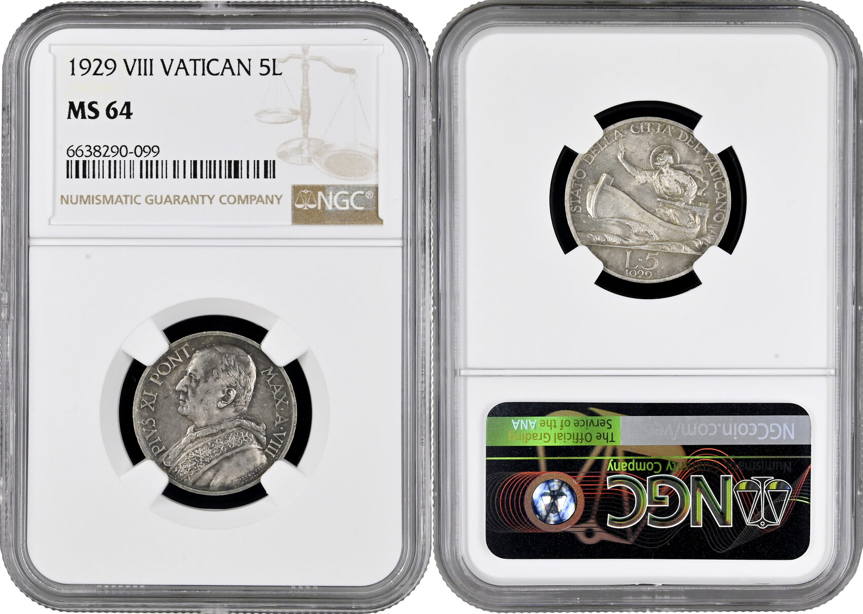 5 lire 1929 Vatican City 1929, NGC MS64, Pope Pius XI (1929 - 1938) | MA-Shops
