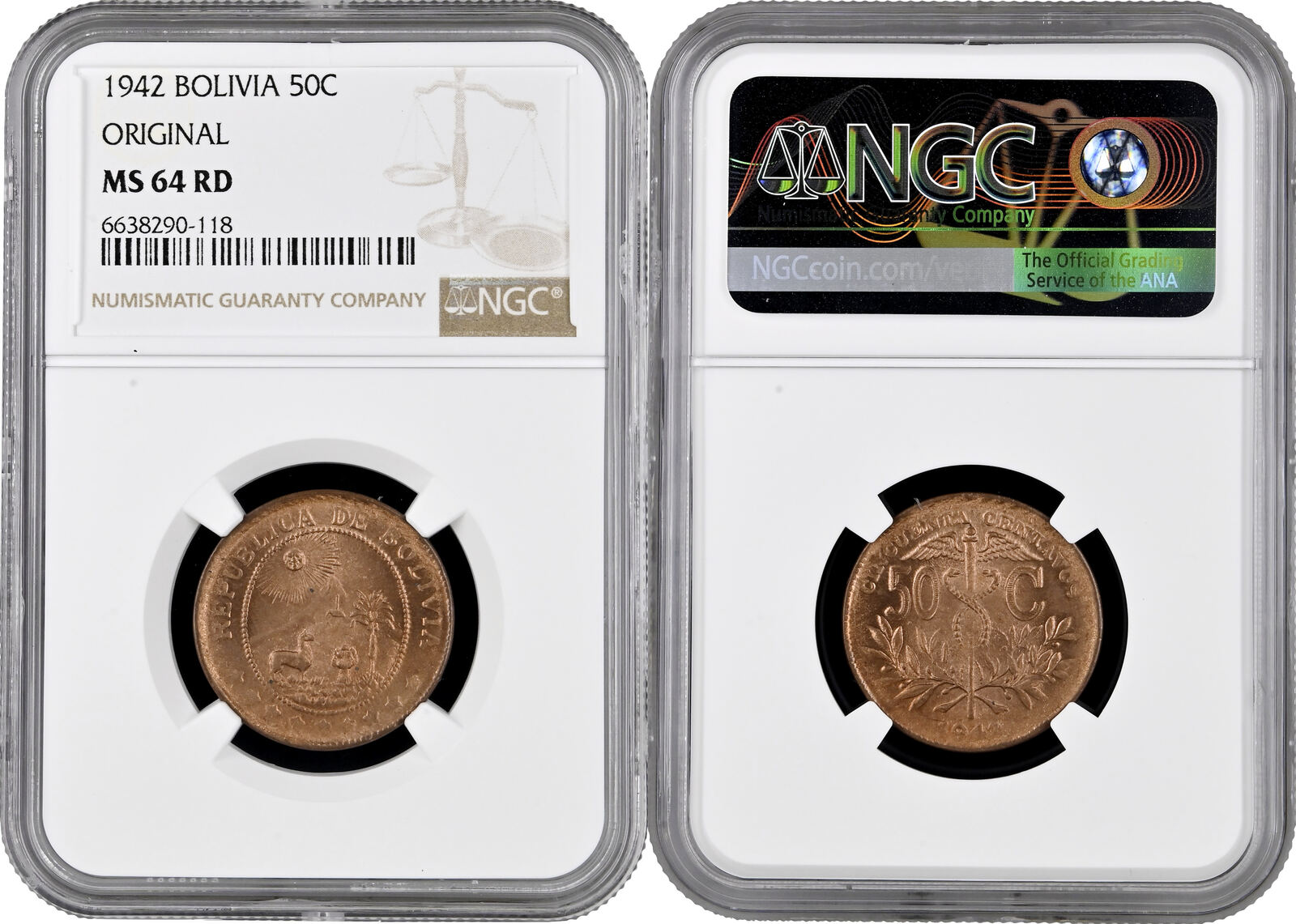 50 centavos Bolivia 1942, NGC MS64 RD ORIGINAL, Republic of Bolivia (1870 - 1963) | MA-Shops