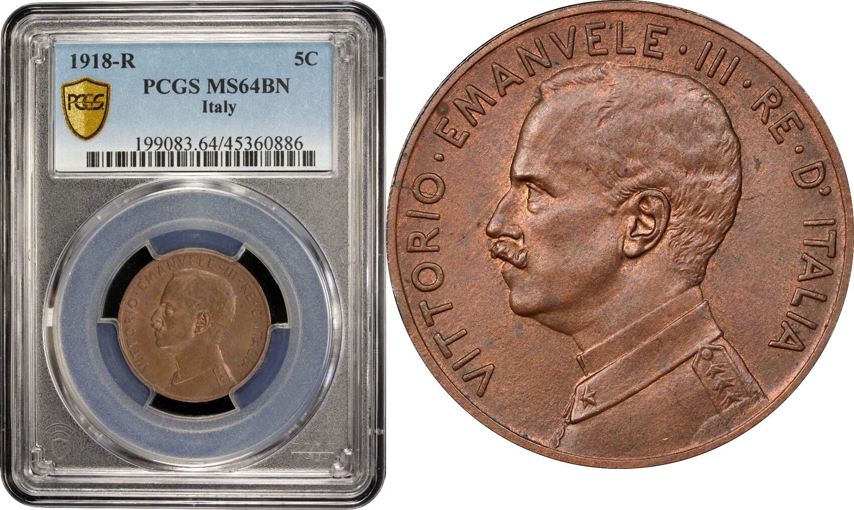 5 centesimi Italy 1918 R, PCGS MS64 BN, King Vittorio Emanuele III ...