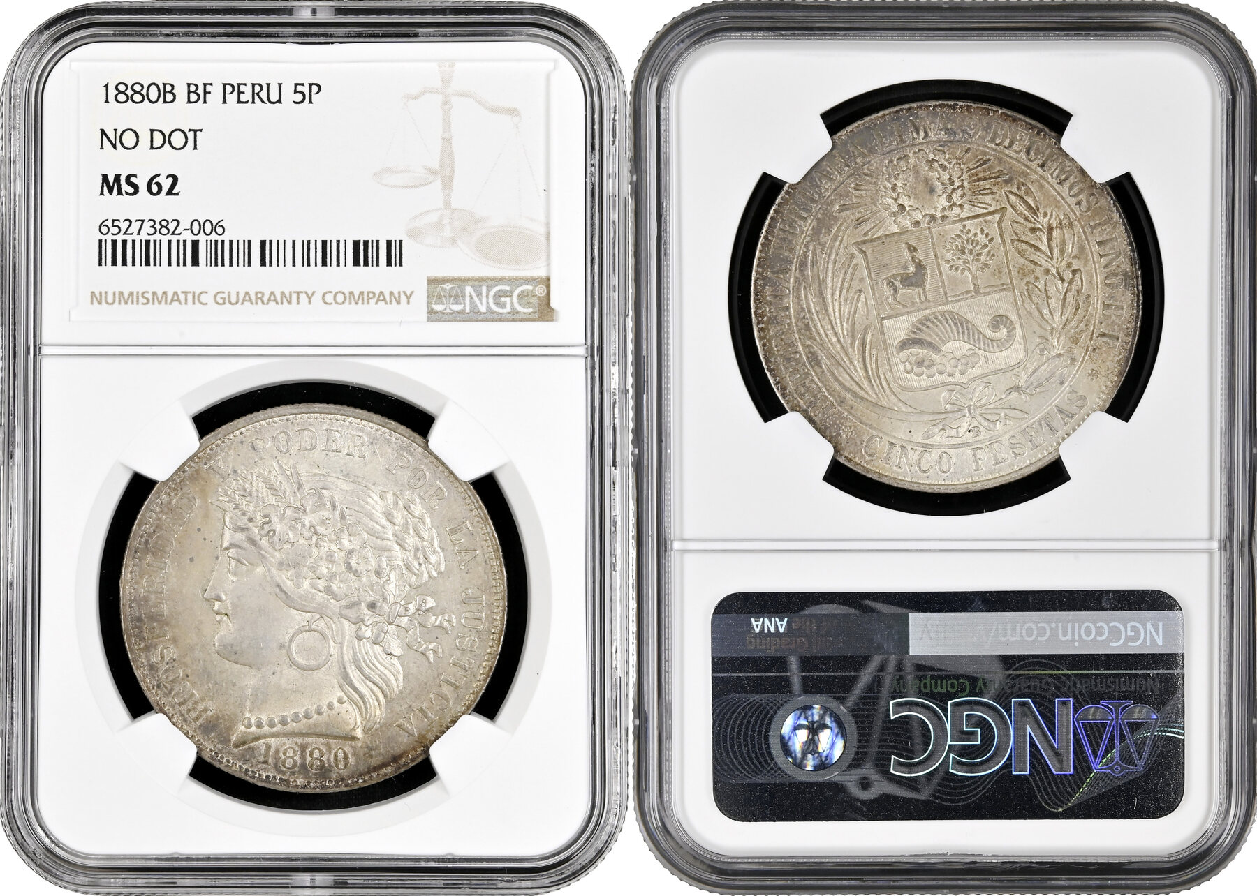 5 pesetas 1880 B Peru BF, NGC MS62 NO DOT, Peseta (1880 - 1882) | MA-Shops
