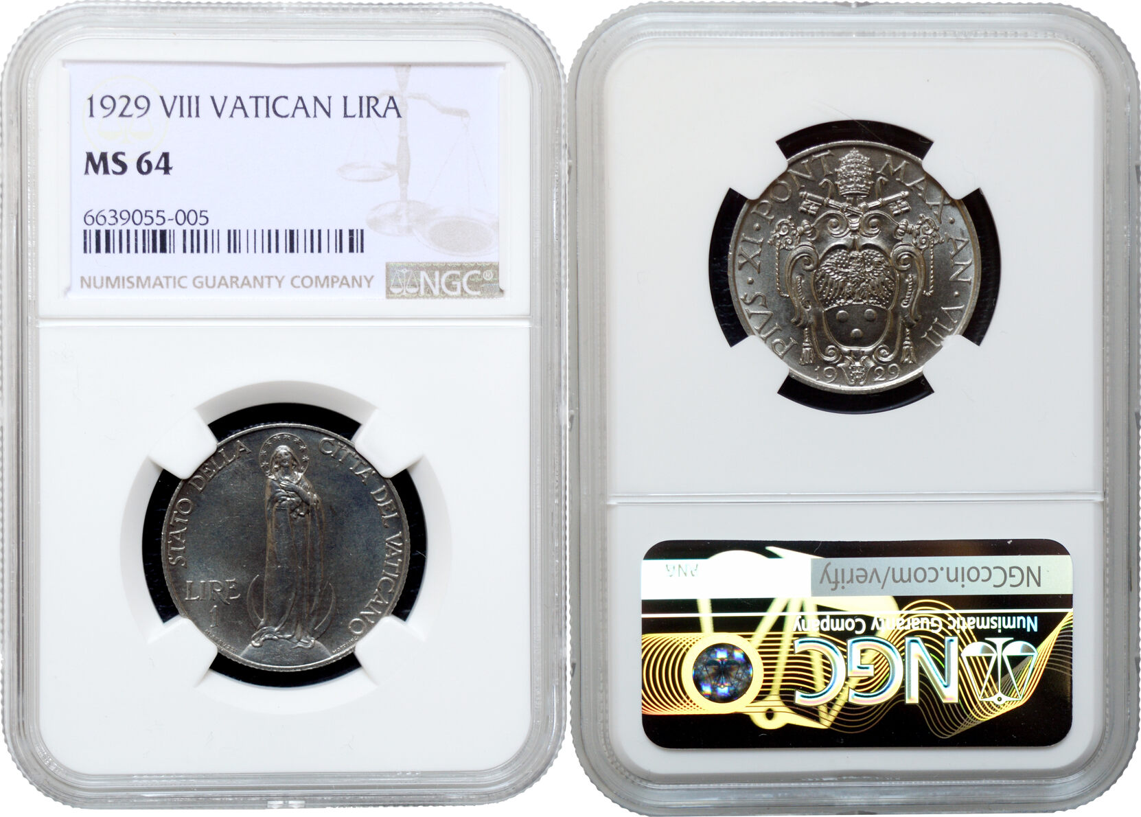 1 lira 1929 Vatican City 1929, NGC MS64, Pope Pius XI (1929 - 1938) | MA-Shops