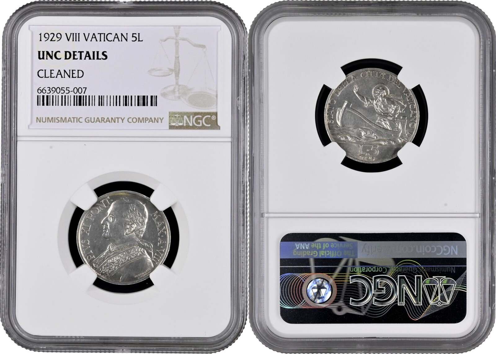 5 lire 1929 Vatican City 1929, NGC UNC Details, Pope Pius XI (1929 - 1938) unz | MA-Shops