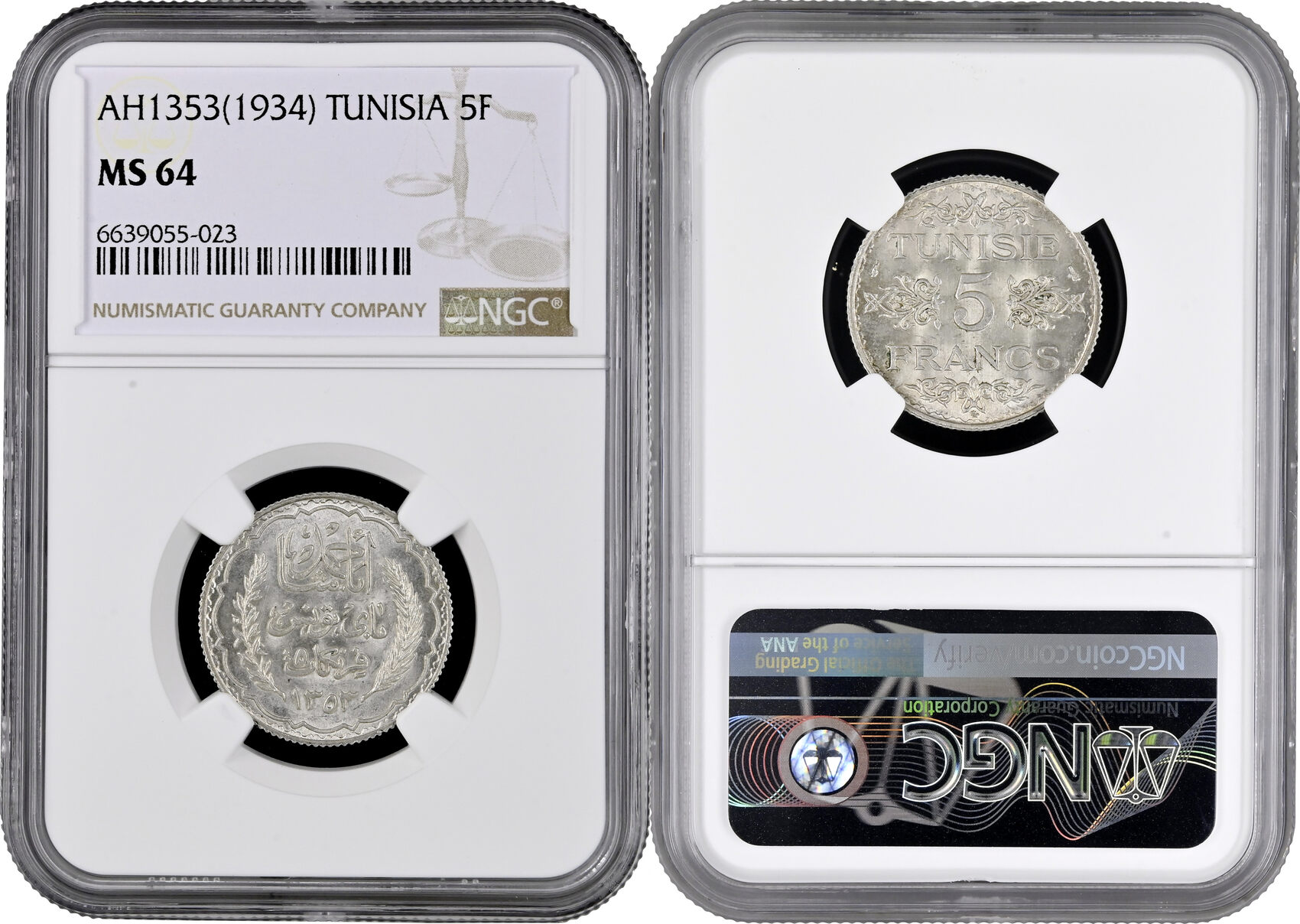 5 francs AH AH Tunisia AH 1353 (1934), NGC MS64, French protectorate (1890 - 1957) | MA-Shops