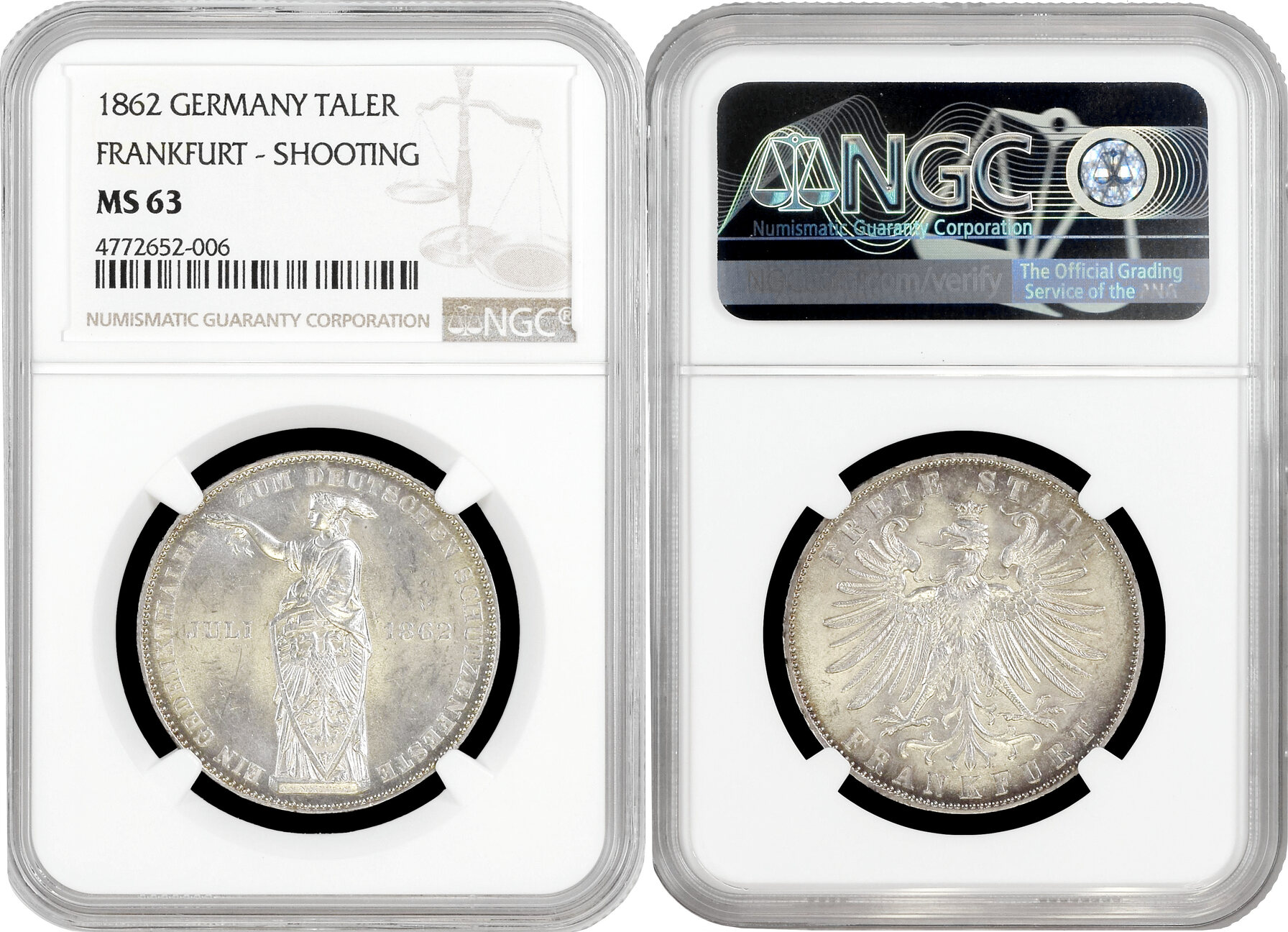 1 thaler Frankfurt 1862, NGC MS63, German Shooting Festival | MA-Shops