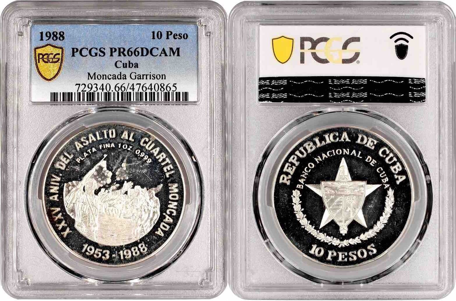 10 pesos Cuba 1988, PCGS PF66 DCAM, Assault to the Moncada Garrison ...