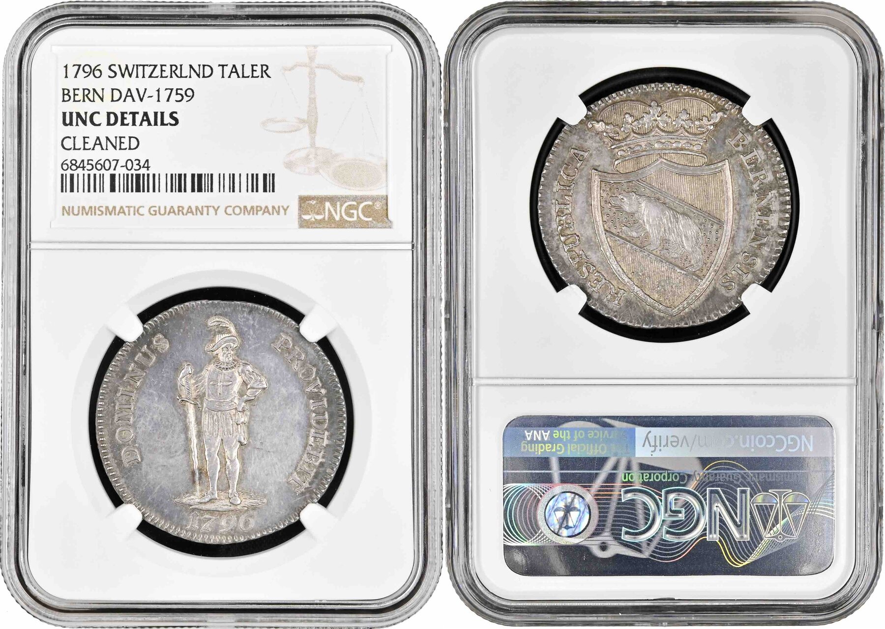 1/2 thaler Swiss Cantons 1796, NGC UNC Det., Canton of Bern (1707 ...