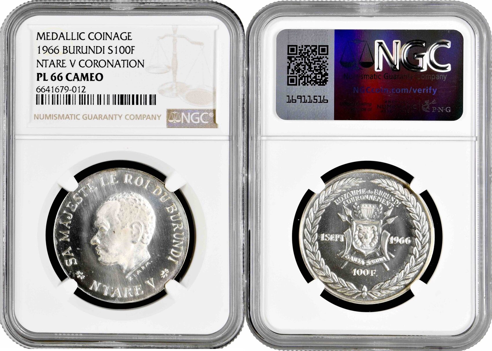 100 francs Burundi 1966, NGC PL66 CAM, Coronation of Ntare V Top Pop 2/ ...