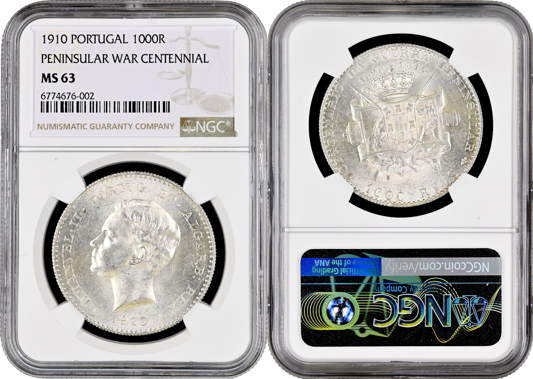 1000 reis Portugal 1910, NGC MS63, Peninsular War Centennial silver coin | MA-Shops