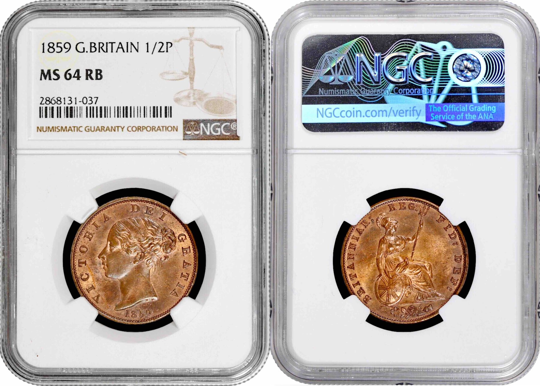 1/2 penny Great Britain 1859, NGC MS64 RB, Queen Victoria (1838 - 1901) | MA-Shops