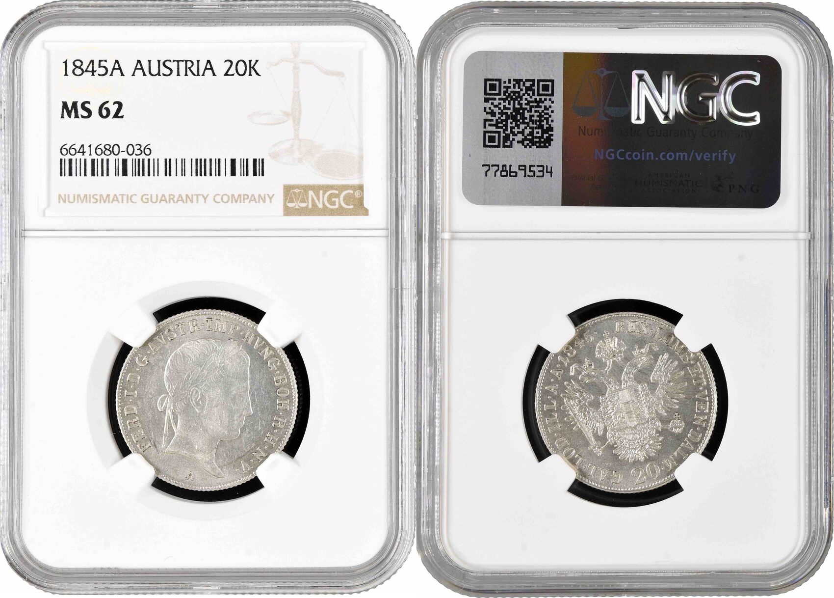 20 kreuzer Austria 1845 A, NGC MS62, Emperor Ferdinand I (1835 - 1848) | MA-Shops