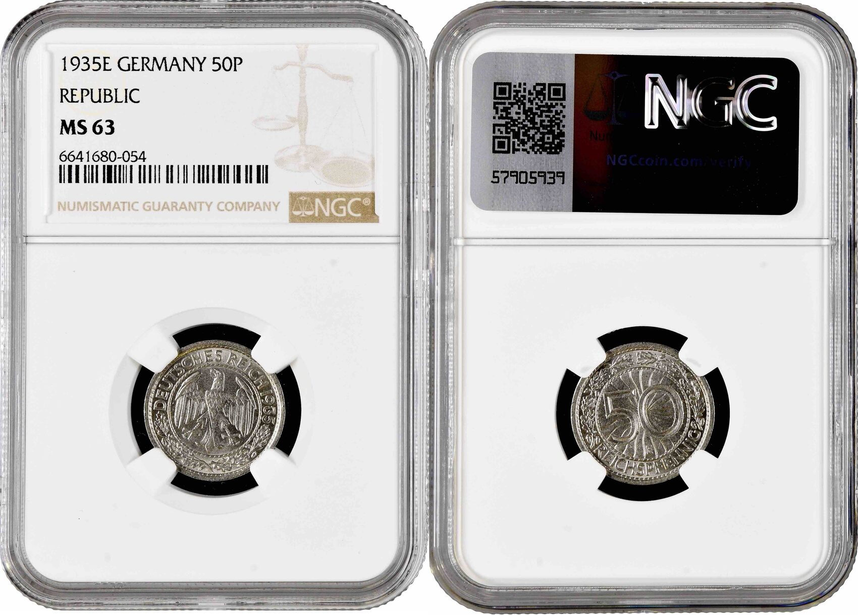 50 reichspfennig Germany 1935 E, NGC MS63, Weimar Republic (1924-1938) Pop 1/1 | MA-Shops