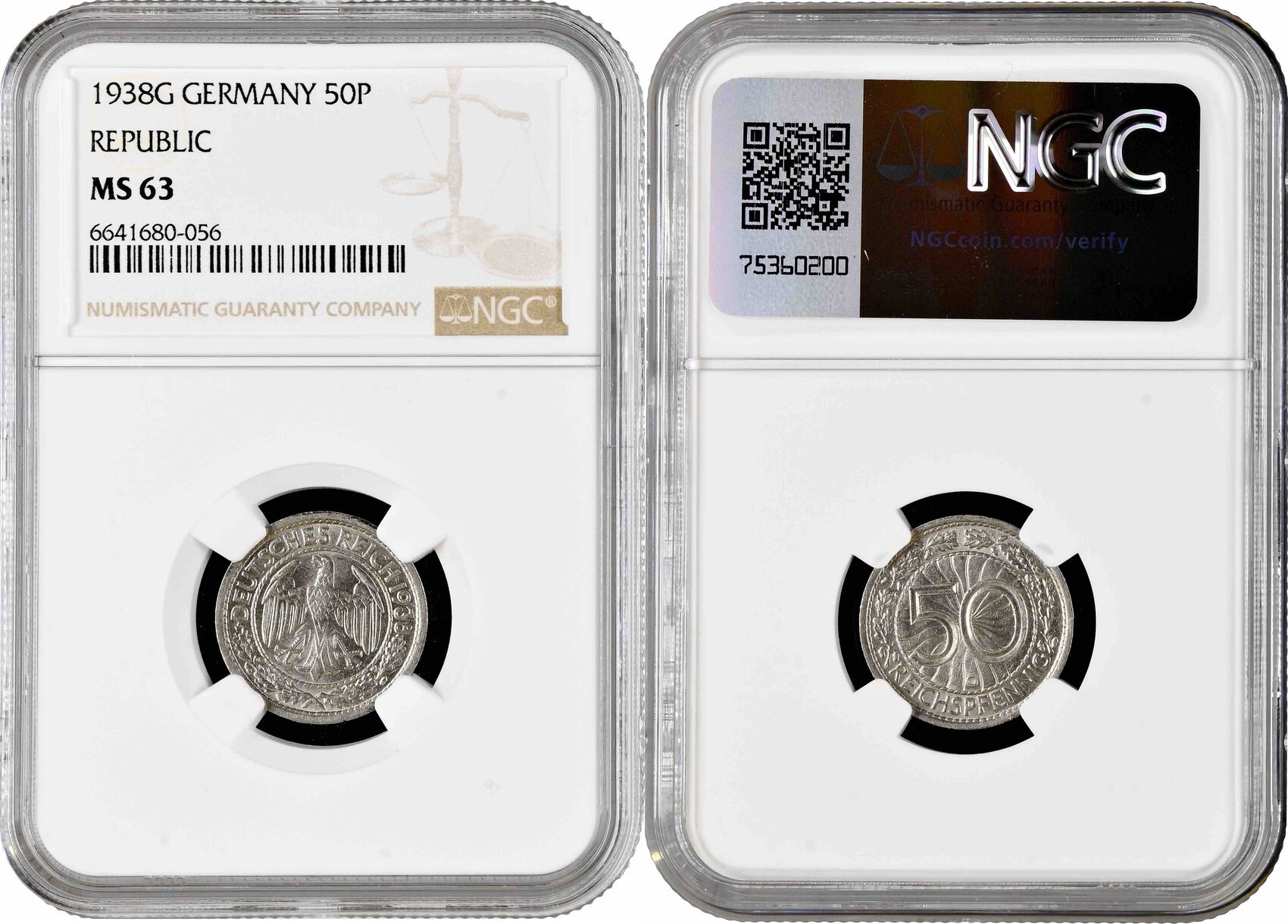 50 reichspfennig Germany 1938 G, NGC MS63, Weimar Republic (1924-1938) | MA-Shops