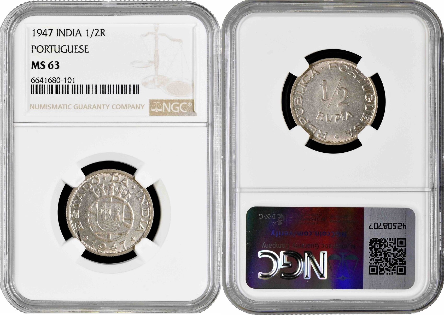 India - Portuguese 1/2 rupia 1947, NGC MS63, Portuguese Administration - 1961 | MA-Shops