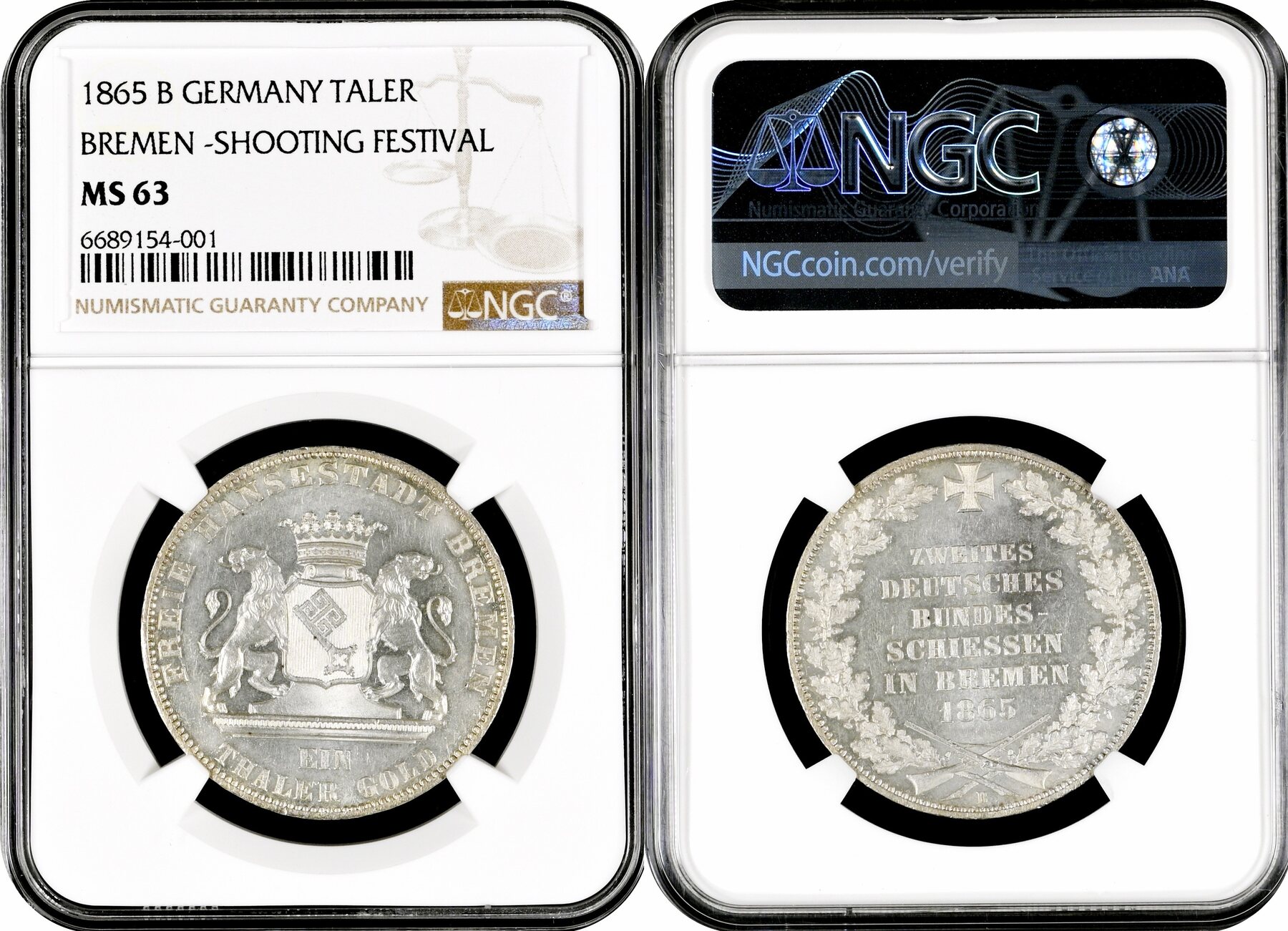 1 thaler Bremen 1865, NGC MS63, Second German Shooting Festival silver ...