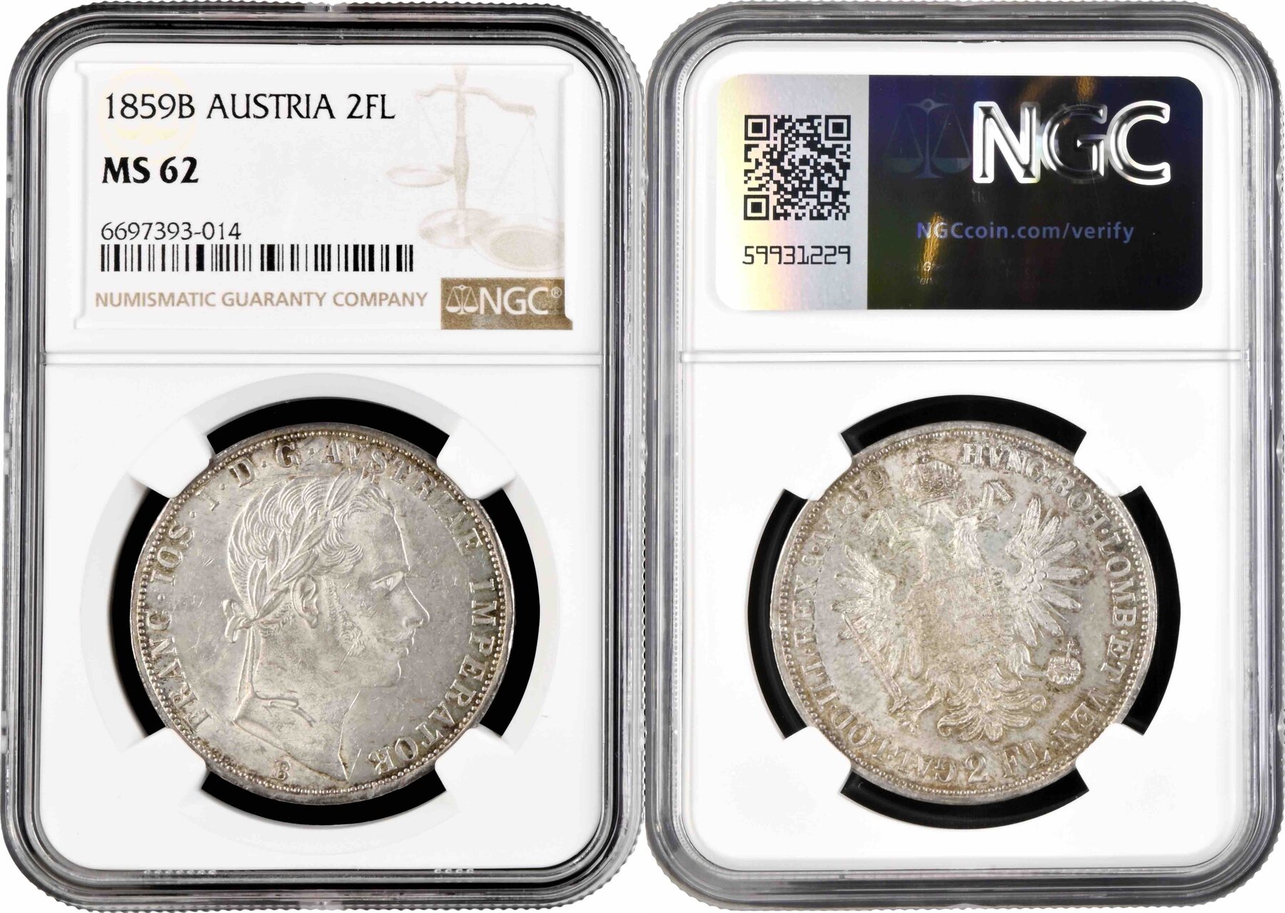 2 florin Austria 1859 B, NGC MS62, Emperor Franz Joseph I (1848 - 1916) | MA-Shops