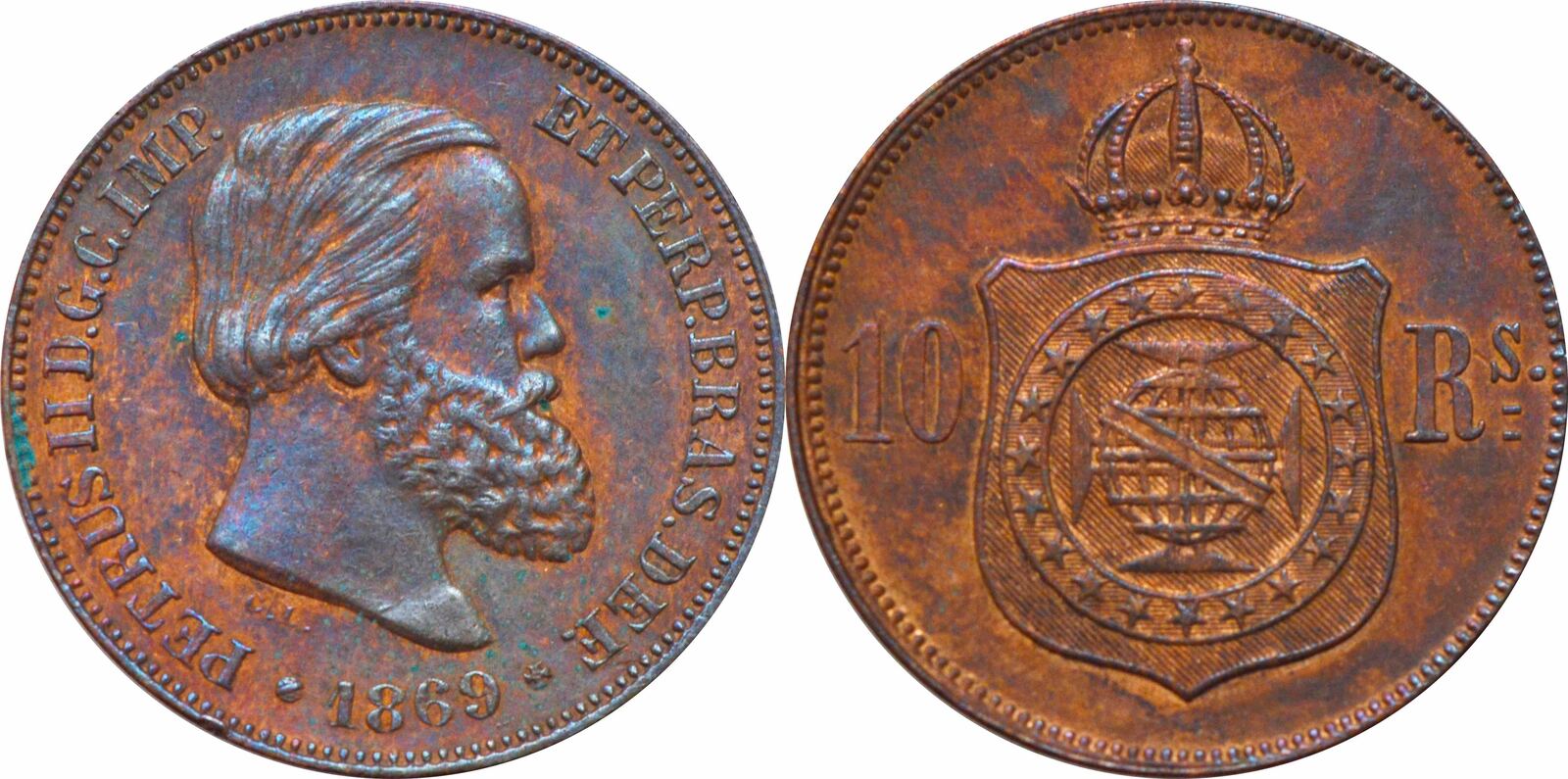 10 reis Brazil 1869, AU, Emperor Pedro II (1831 - 1889) | MA-Shops