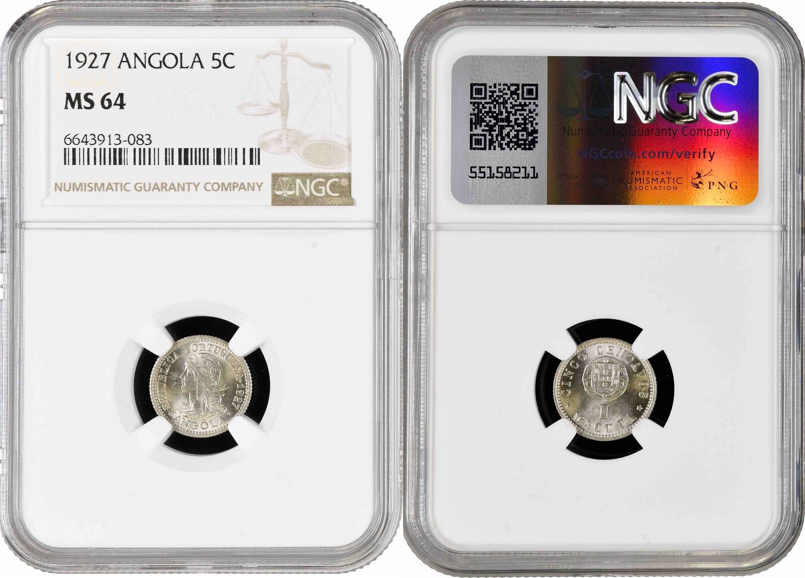 5 centavos Angola 1927, NGC MS64, Portuguese colony (1921 - 1974) | MA ...