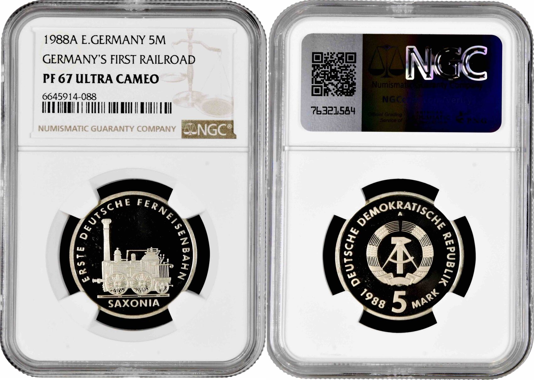 5 mark Germany - GDR 1988, NGC PF67 UC, 150th Anni. - First Railway in ...