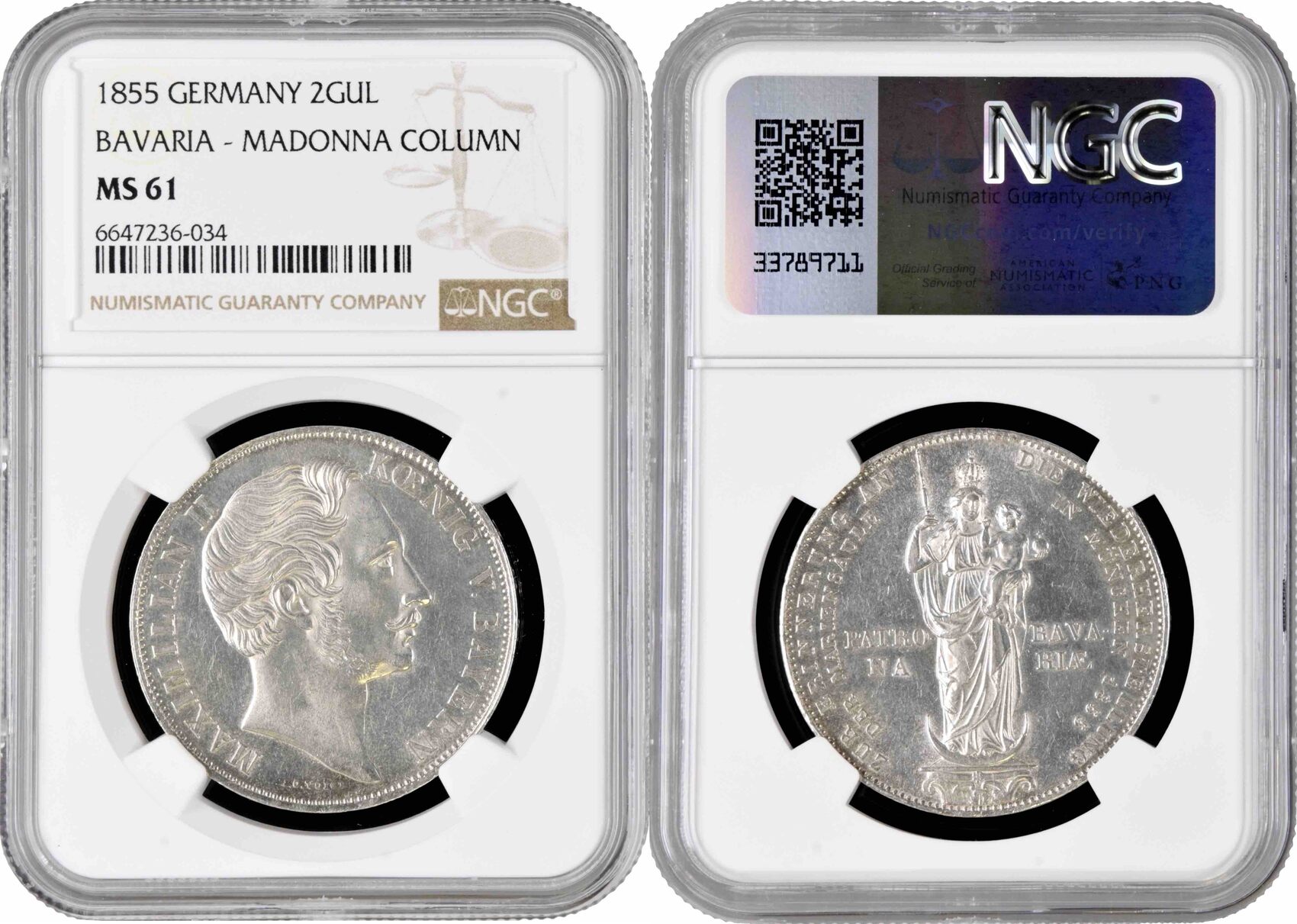 2 gulden Bavaria 1855, NGC MS61, Restoration of Madonna Column in Munich | MA-Shops