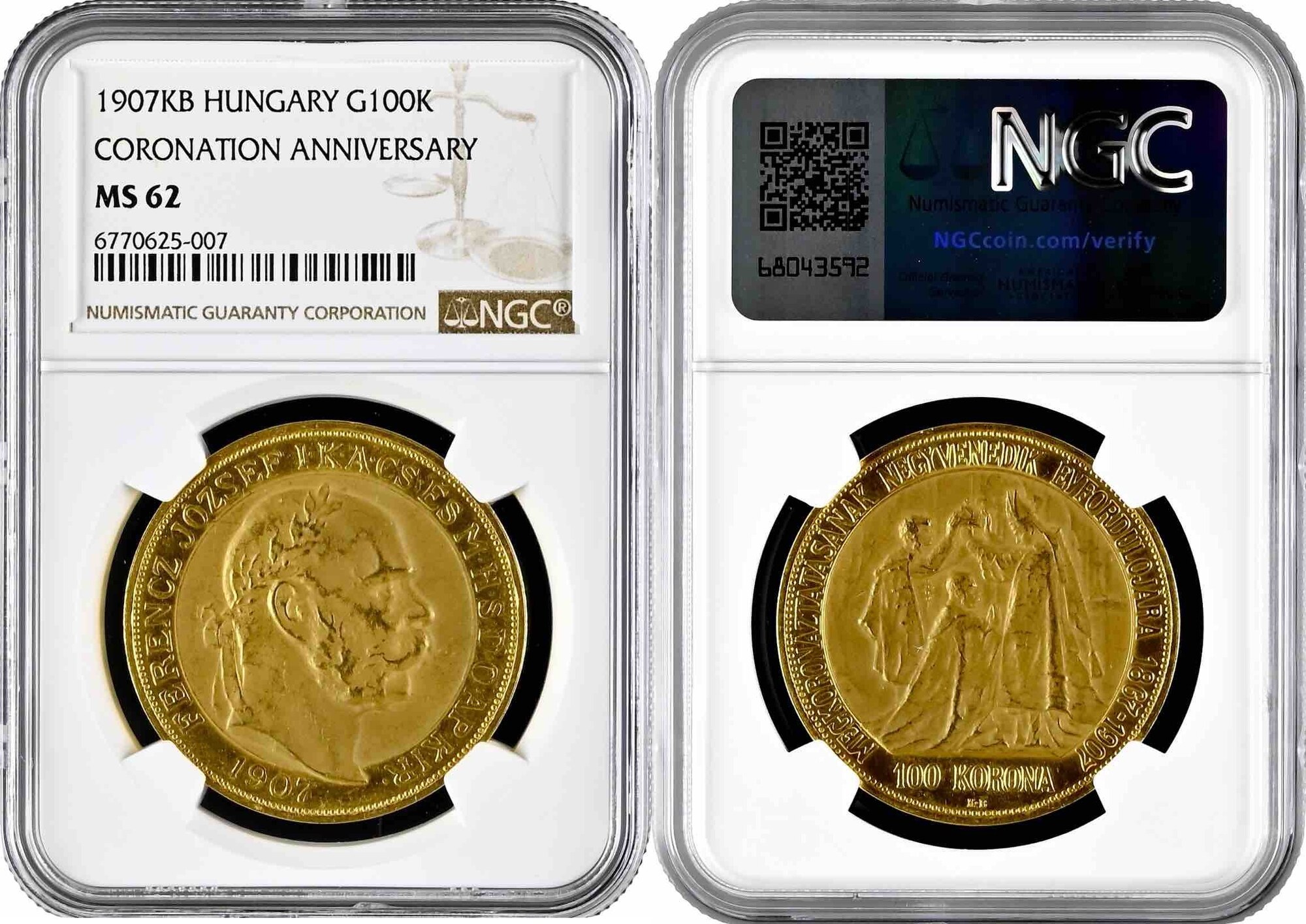 100 korona Hungary 1907 KB, NGC MS62, Coronation Anniversary gold coin | MA-Shops