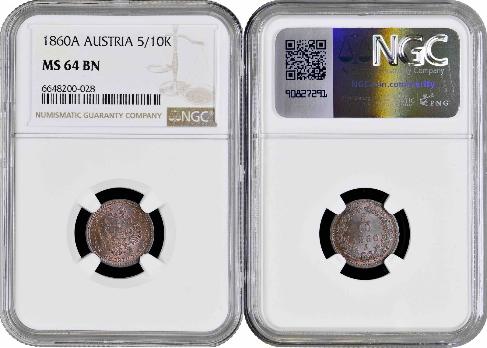 5/10 kreuzer Austria 1860 A, NGC MS64 BN, Franz Joseph I (1848 - 1916) Pop 3/1 | MA-Shops
