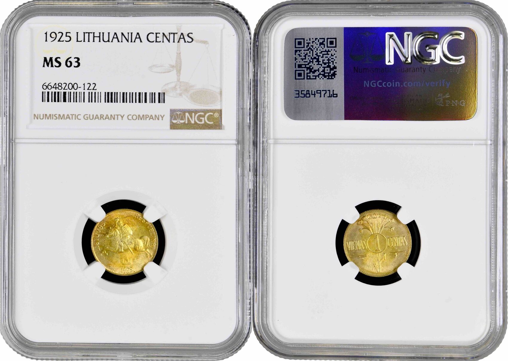 1 centas 1925 Lithuania 1925, NGC MS63, First Republic (1925 - 1938 ...