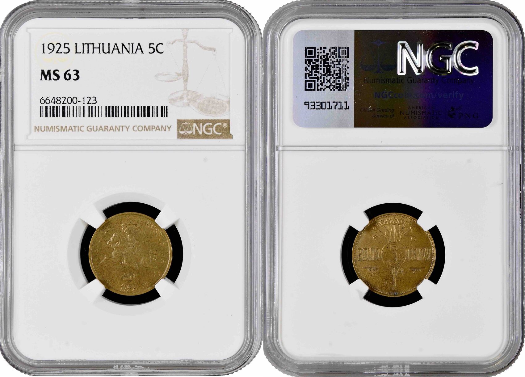 5 centai 1925 Lithuania 1925, NGC MS63, First Republic (1925 - 1938 ...