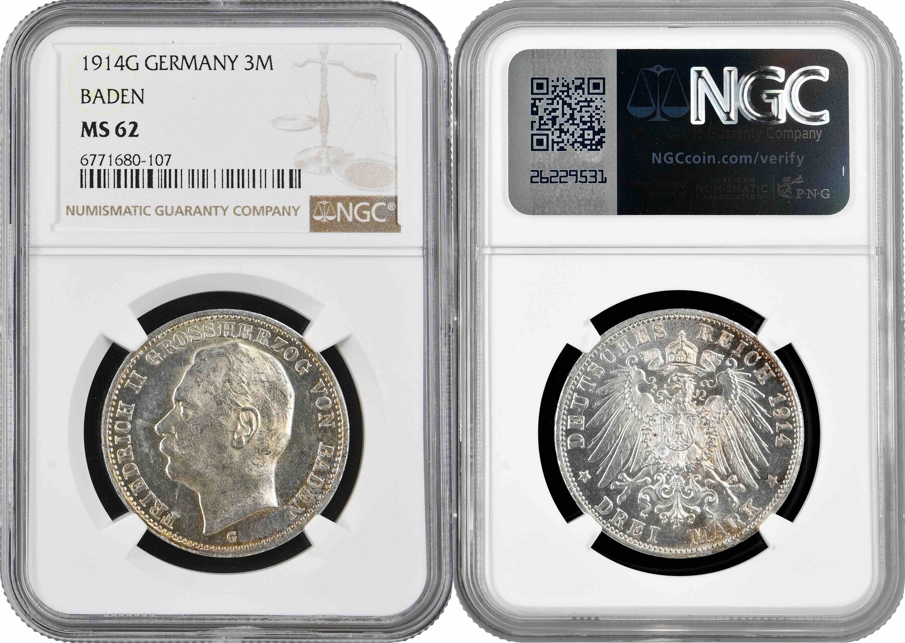 3 mark Baden 1914 G, NGC MS62, Grand Duke Friedrich II (1907 - 1918) | MA-Shops