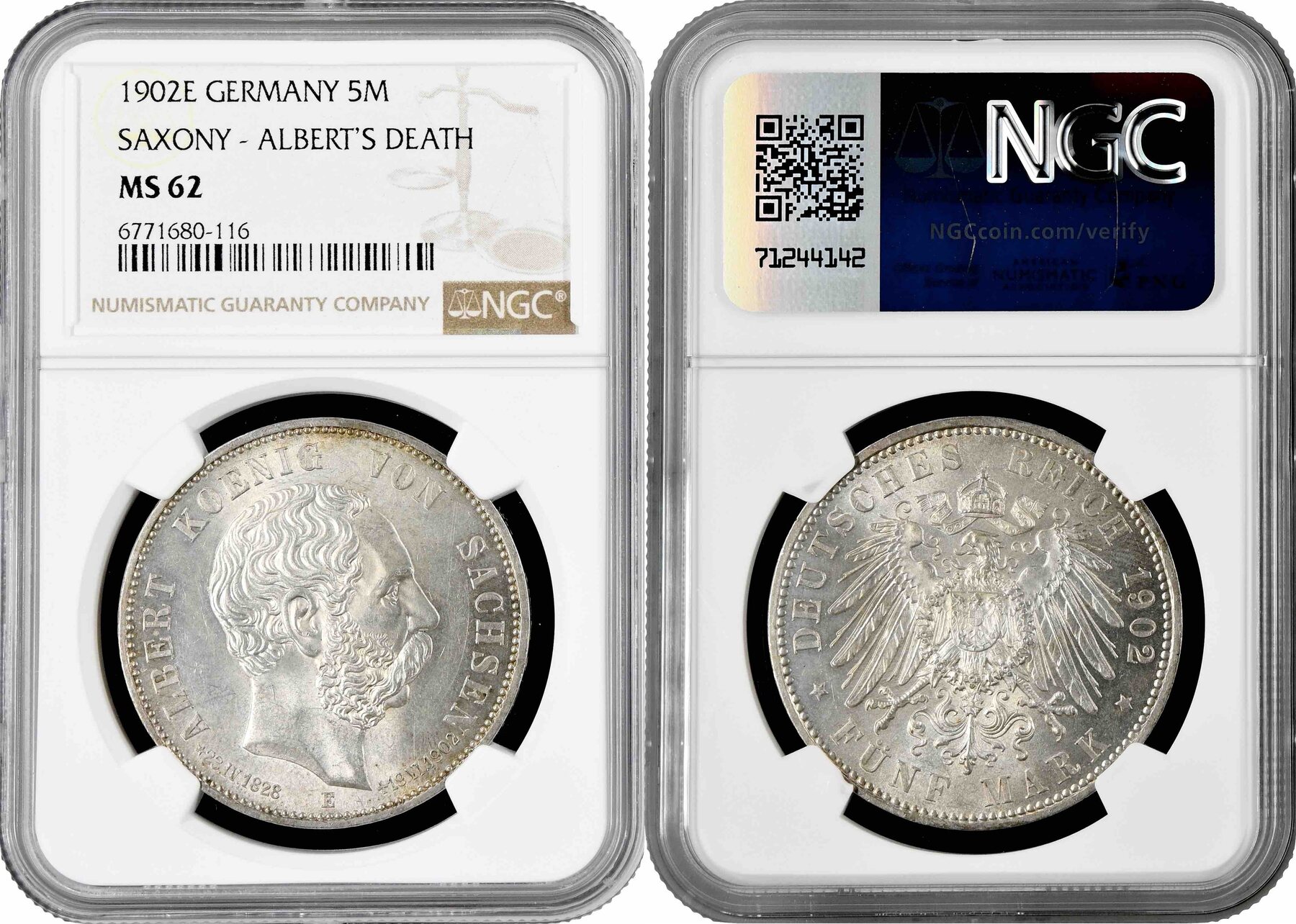 5 mark Saxony 1902 E, NGC MS62, Death of Albert of Saxony silver coin | MA-Shops