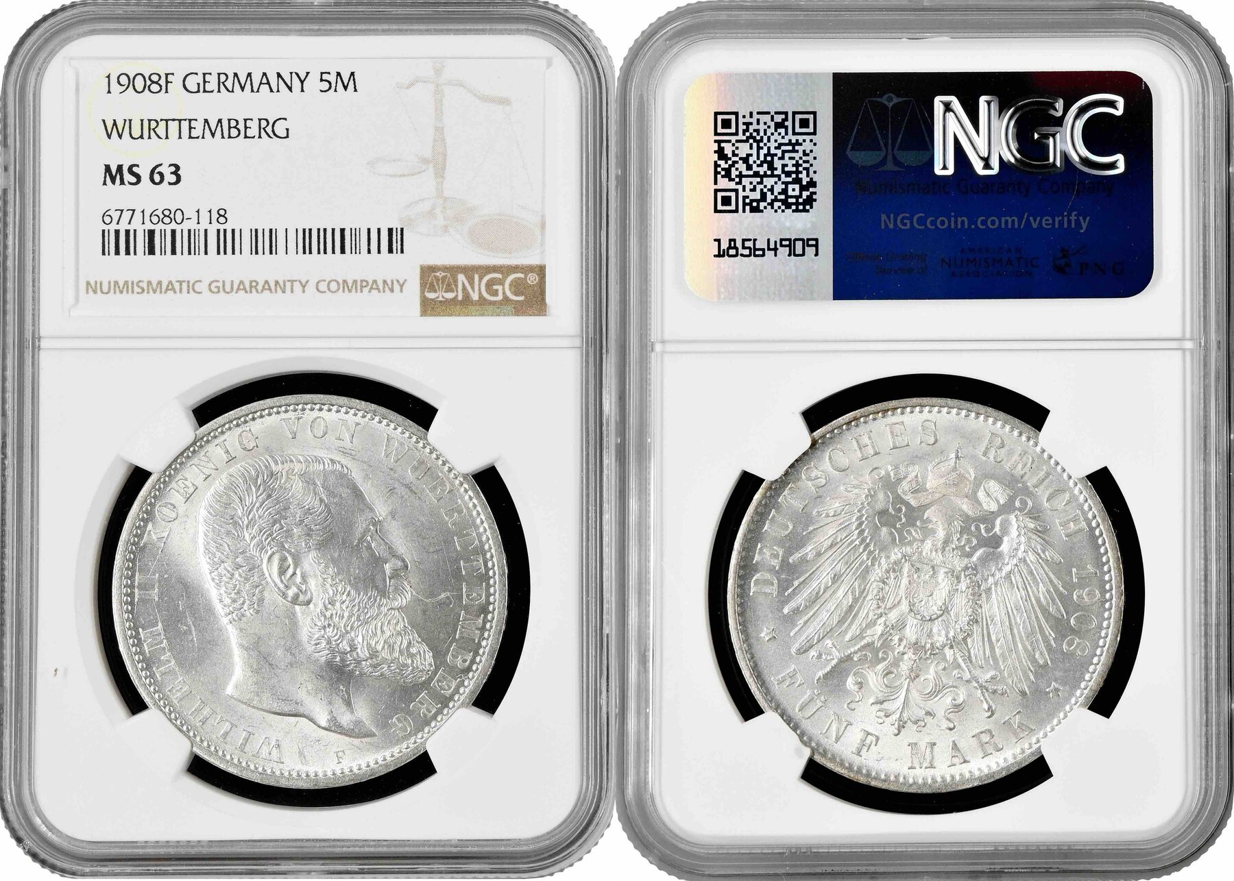 5 mark Wurttemberg 1908 F, NGC MS63, King William II (1891 - 1918 ...