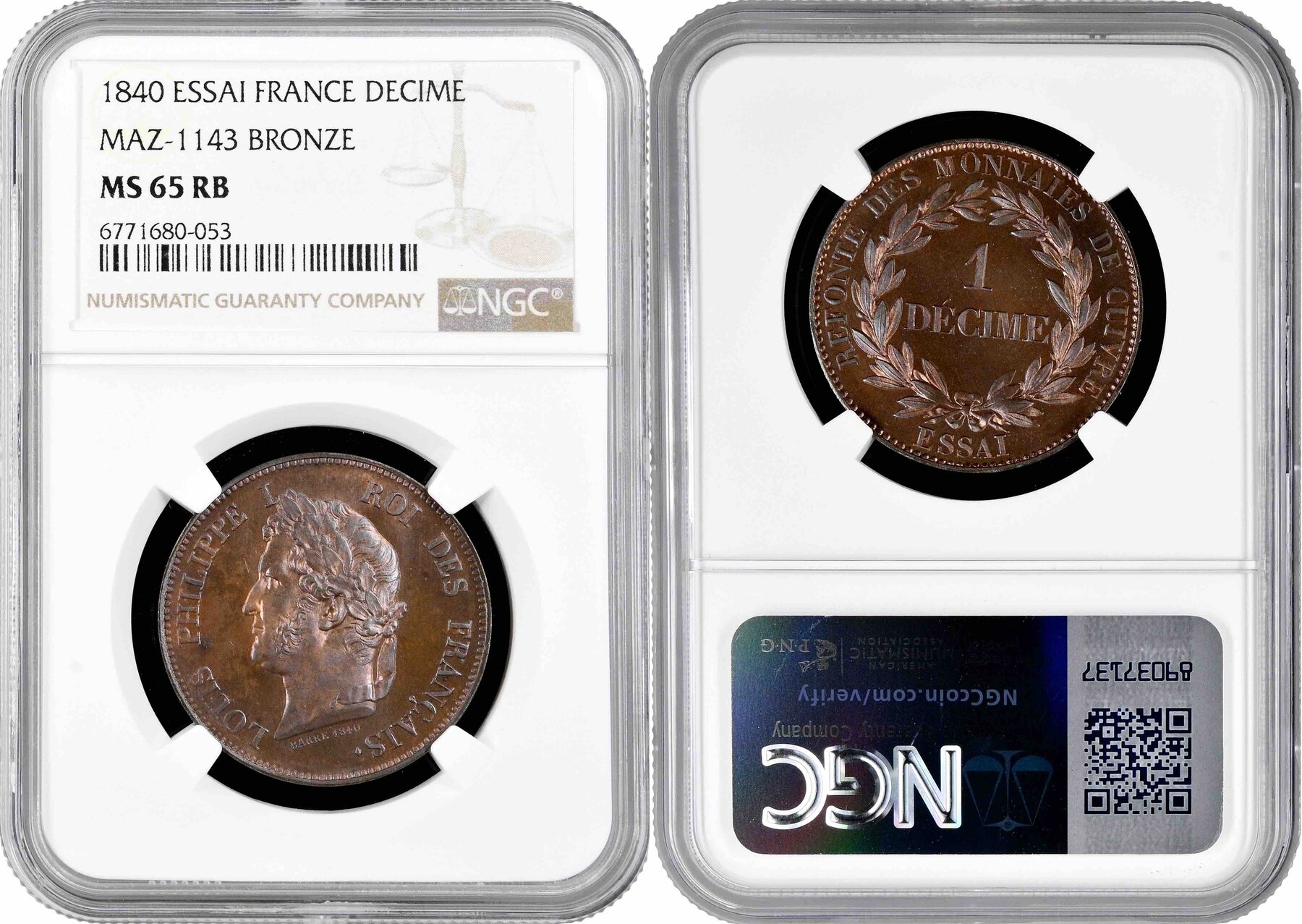10 centimes France 1840, NGC MS65 RB ESSAI, Louis Philippe I (1830 ...
