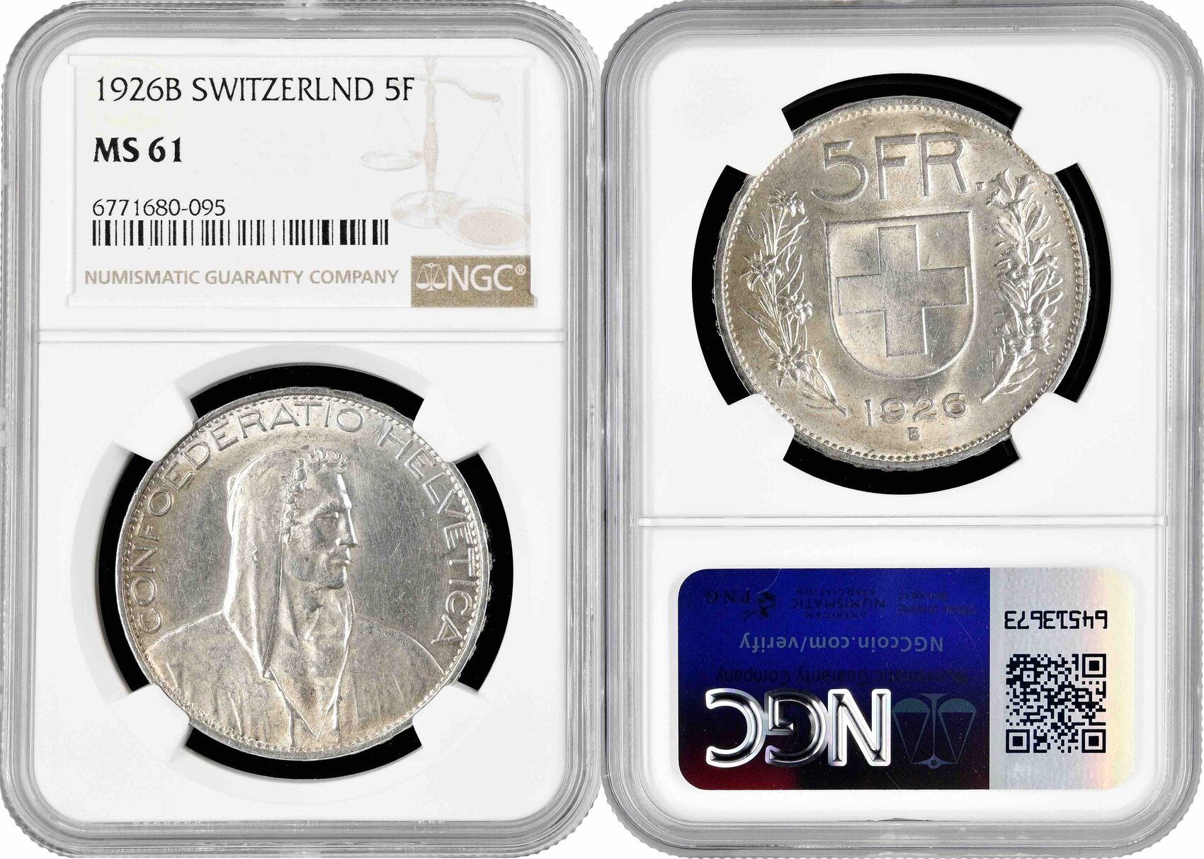 5 francs Switzerland 1926 B, NGC MS61, Confoederatio Helvetica (1917 ...
