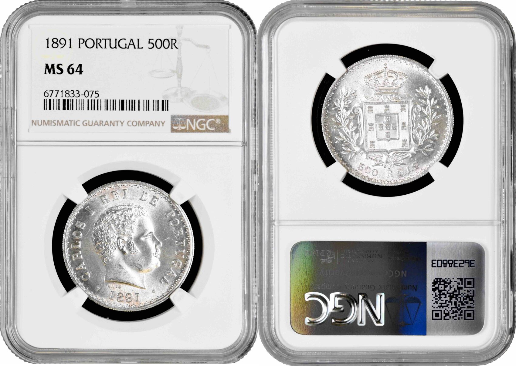 500 reis Portugal 1891, NGC MS64, King Carlos I (1889 - 1908) silver coin | MA-Shops