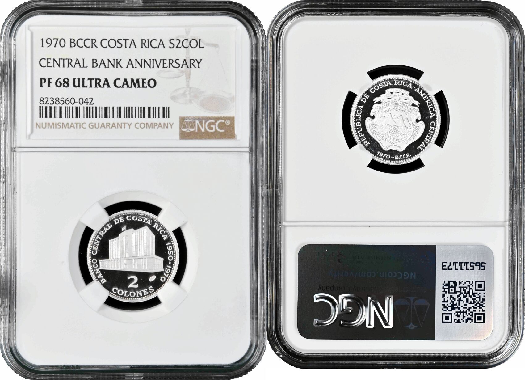 2 colones Costa Rica 1970, NGC PF68 UC, 20th Anniversary - Central Bank ...