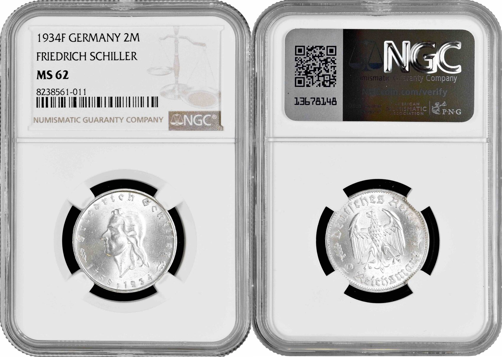 2 reichsmark Germany - Third Reich 1934, NGC MS62, Friedrich Schiller | MA-Shops