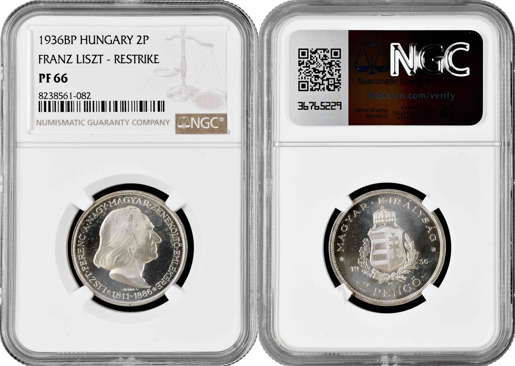 2 pengo Hungary 1936 BP, NGC PF66 RESTRIKE, 50th Ann. - Death of Ferenc ...