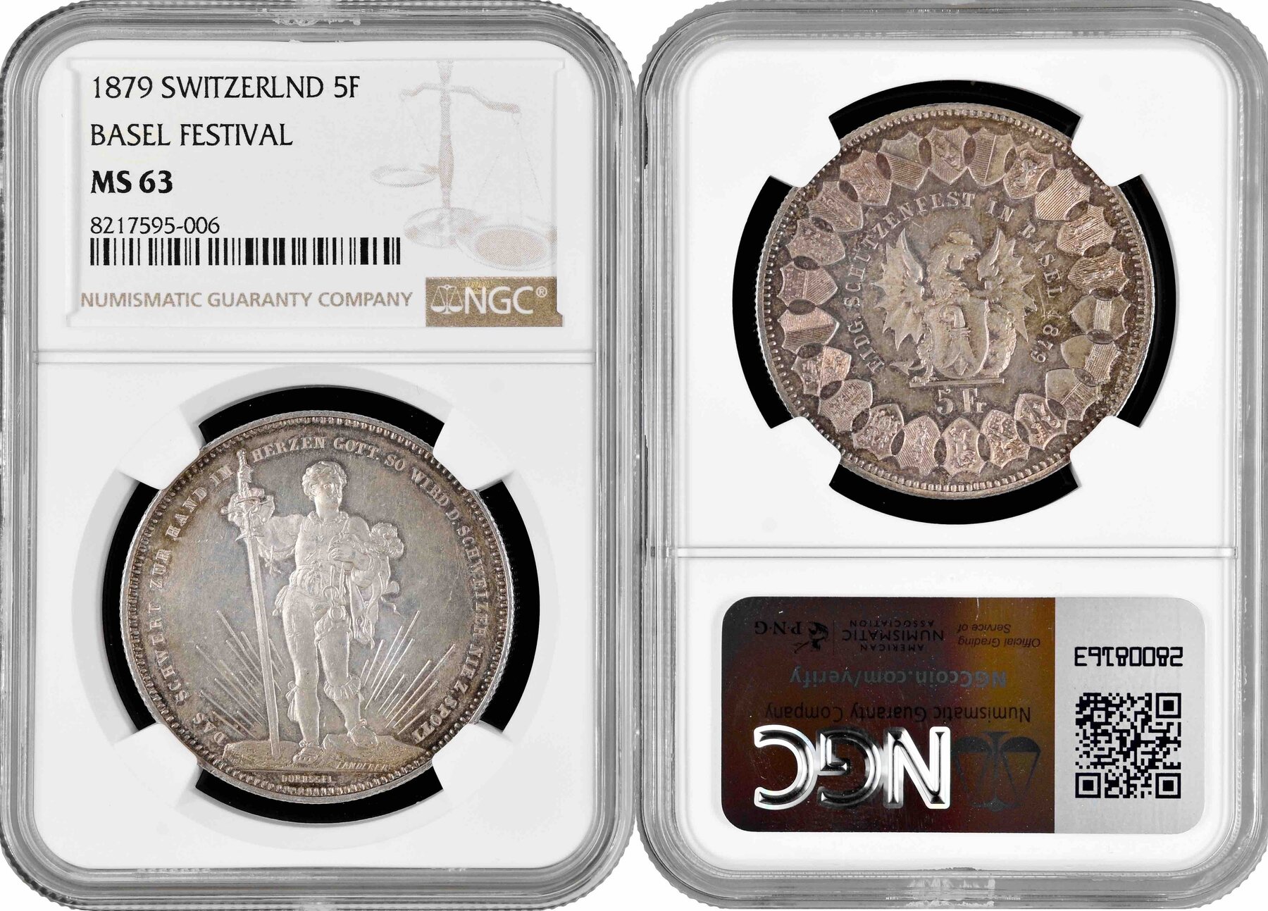 5 francs Switzerland 1879, NGC MS63, Basel Shooting Festival silver ...