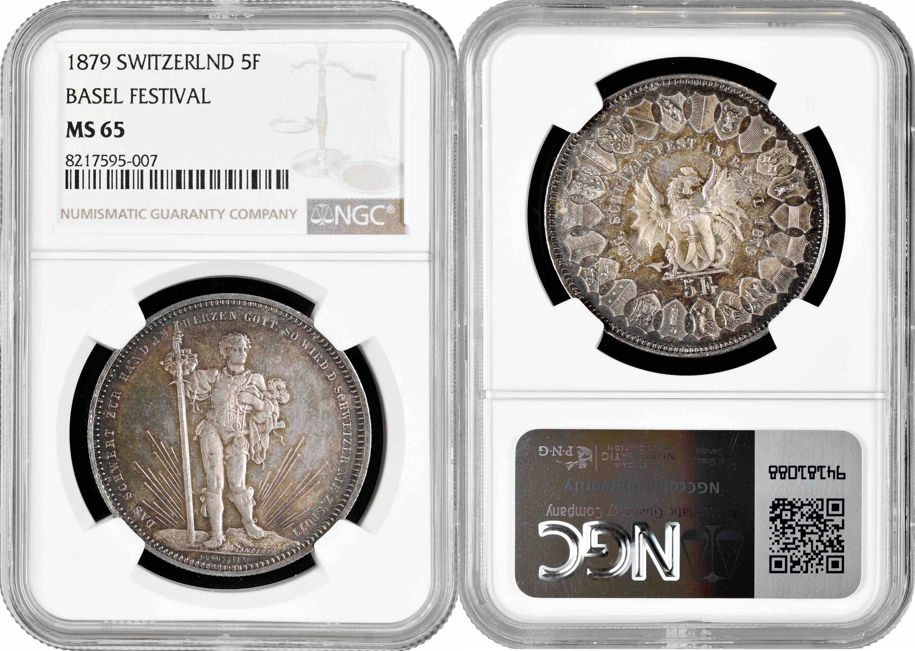 5 francs Switzerland 1879, NGC MS65, Basel Shooting Festival silver ...