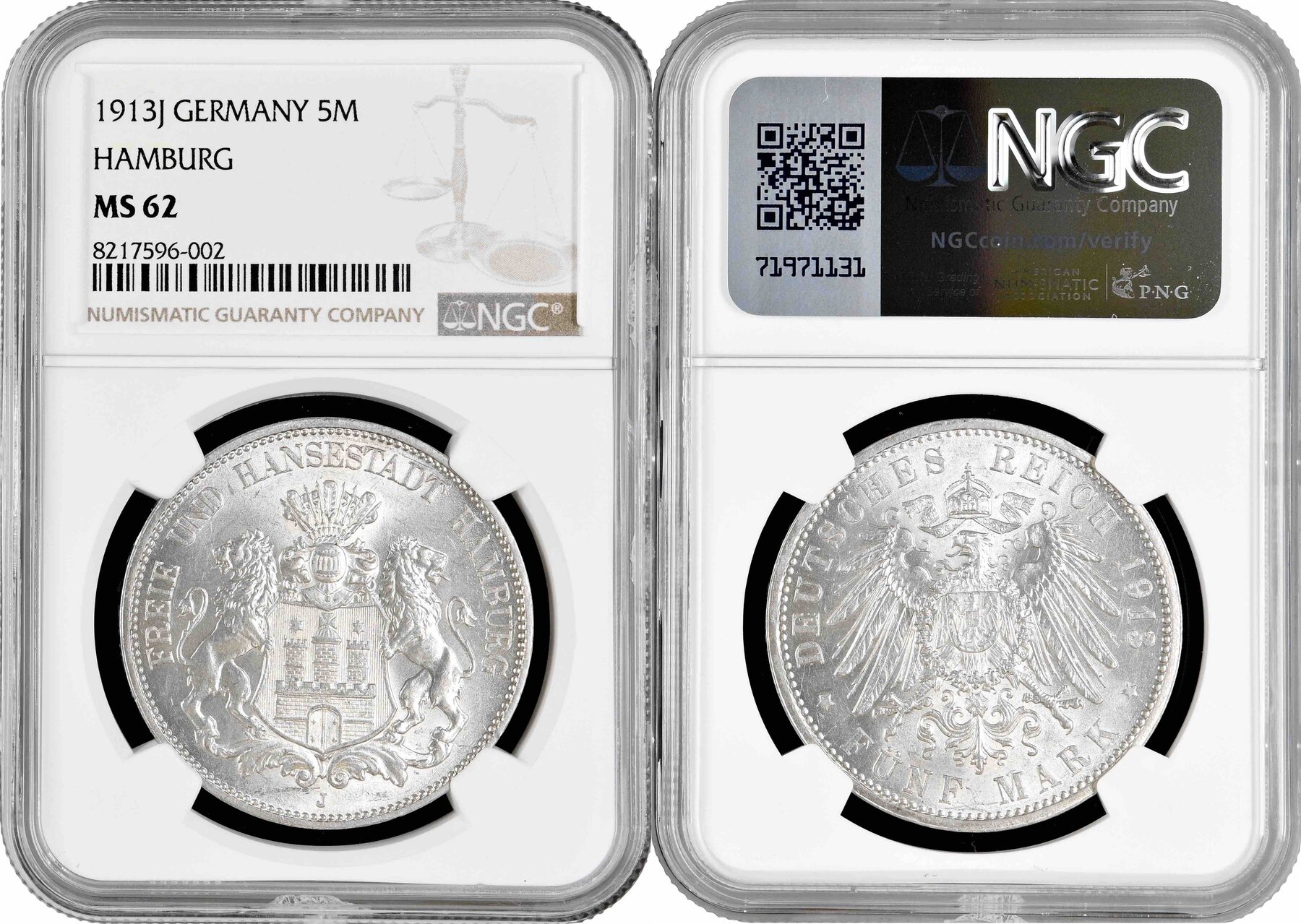 5 mark Hamburg 1913, NGC MS62, Free City (1871 - 1918) silver coin | MA-Shops