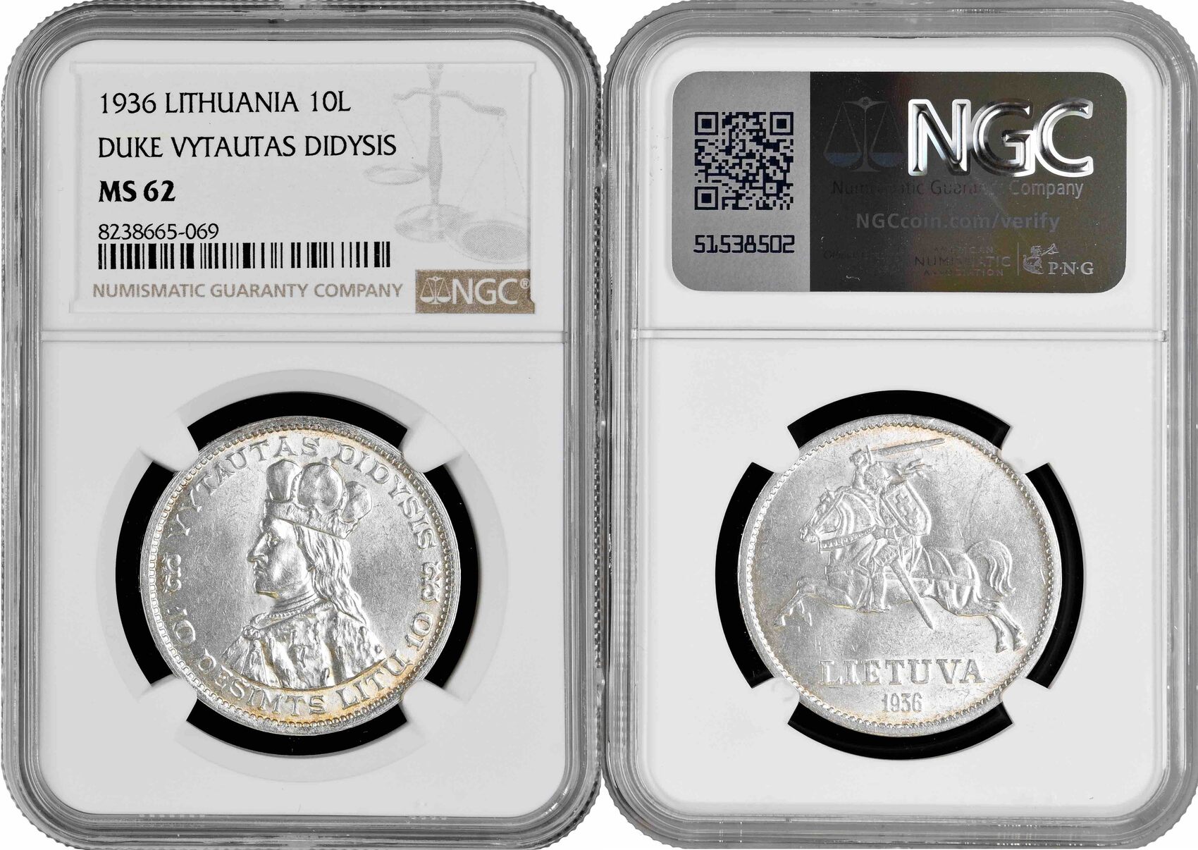 10 litu Lithuania 1936, NGC MS62, Duke Vytautas Didysis silver coin ...