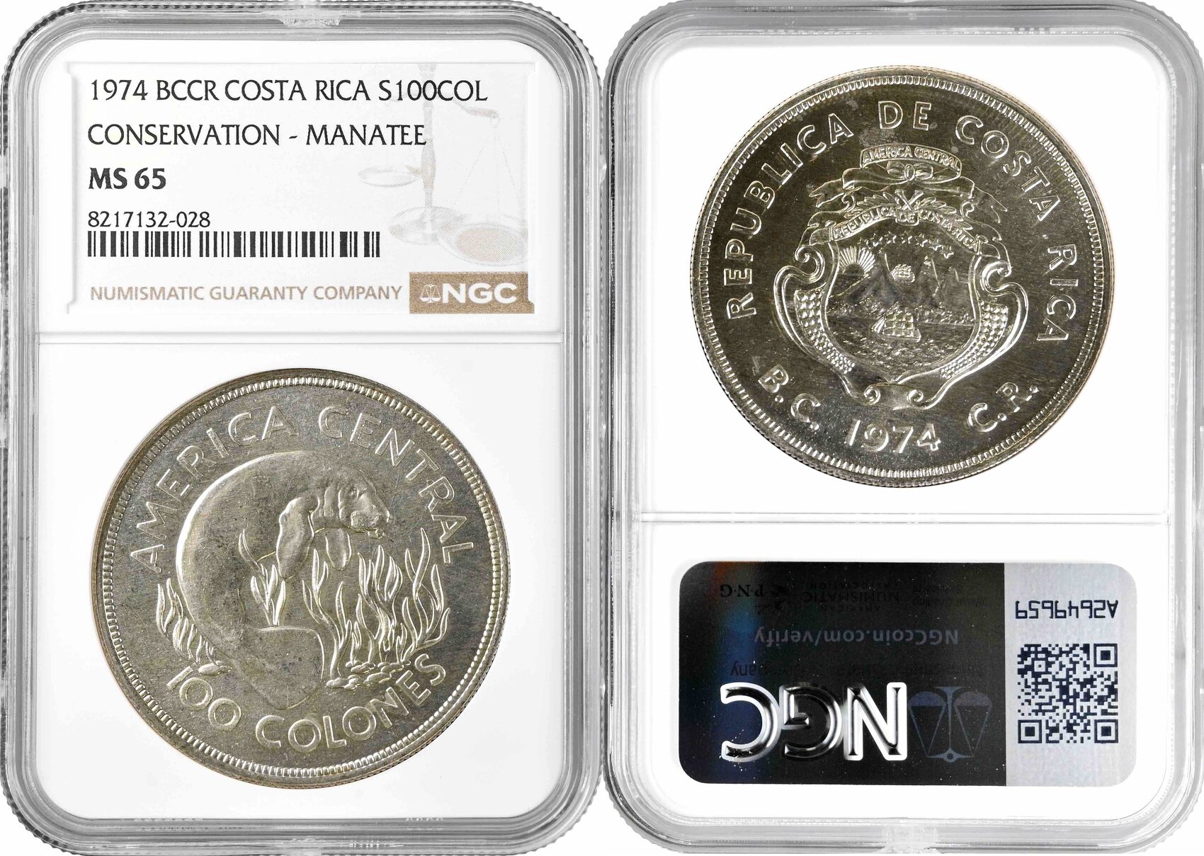 100 colones Costa Rica 1974, NGC MS65, Conservation - Manatee silver ...