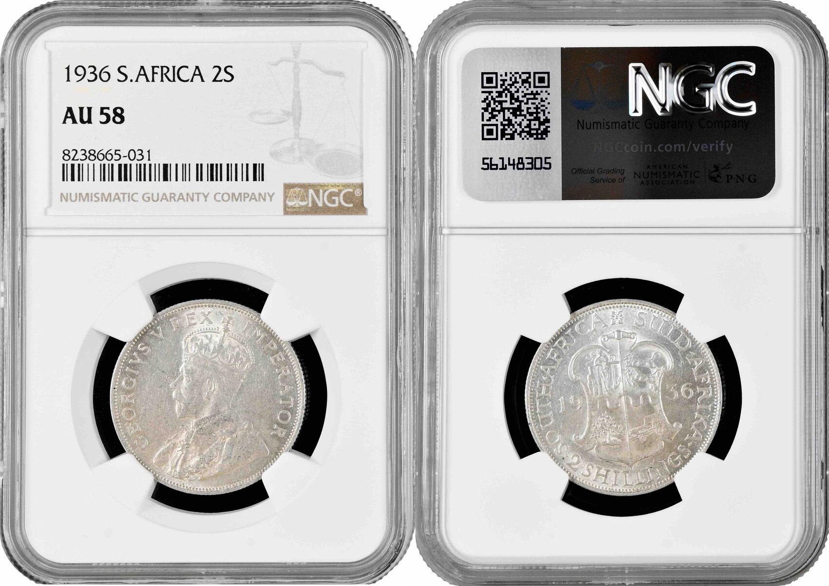 2 shillings 1936 South Africa 1936, NGC AU58, George V (1923 - 1936) silver coin | MA-Shops