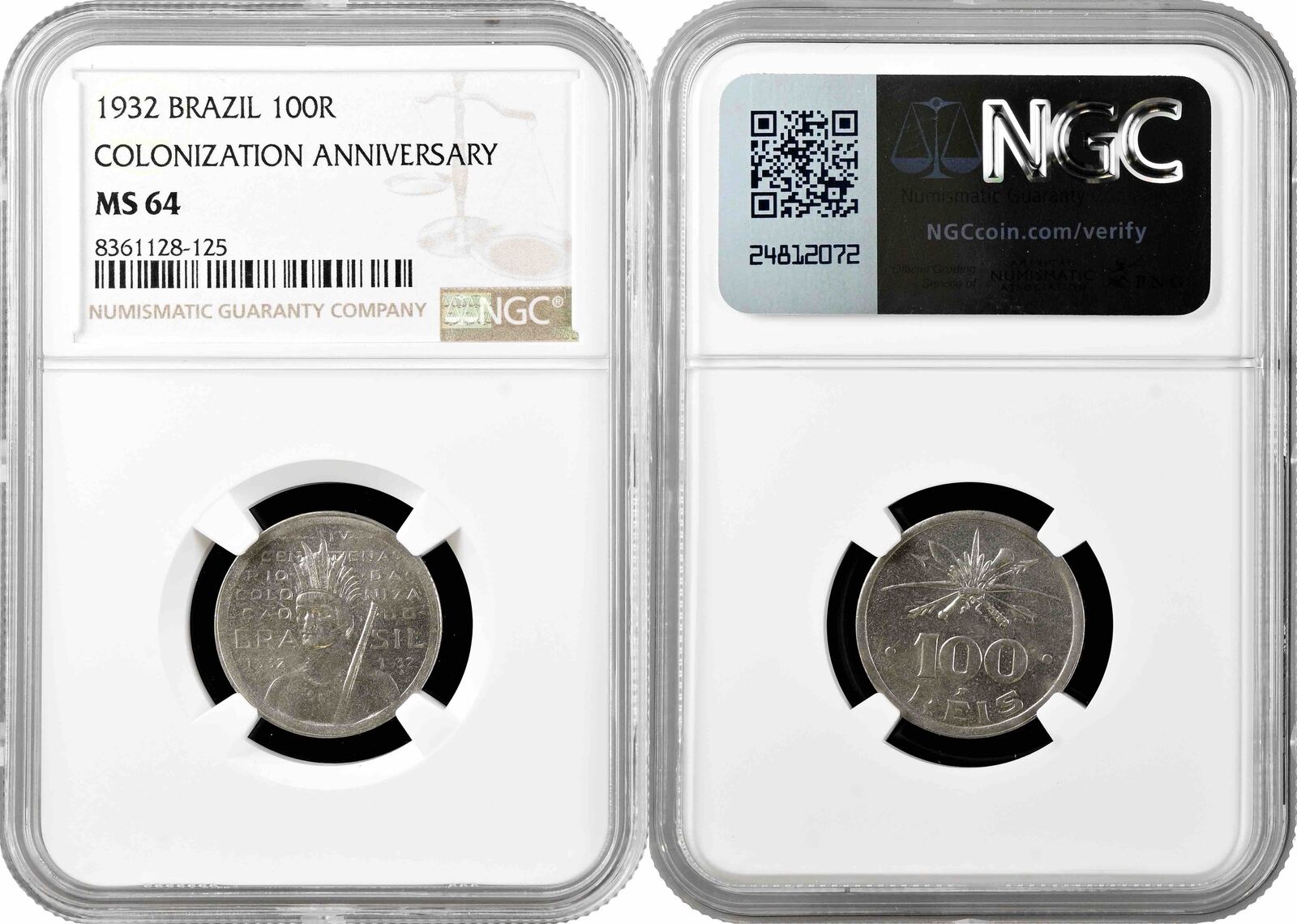 100 reis Brazil 1932, NGC MS64, 400th Anniversary - Colonization of ...