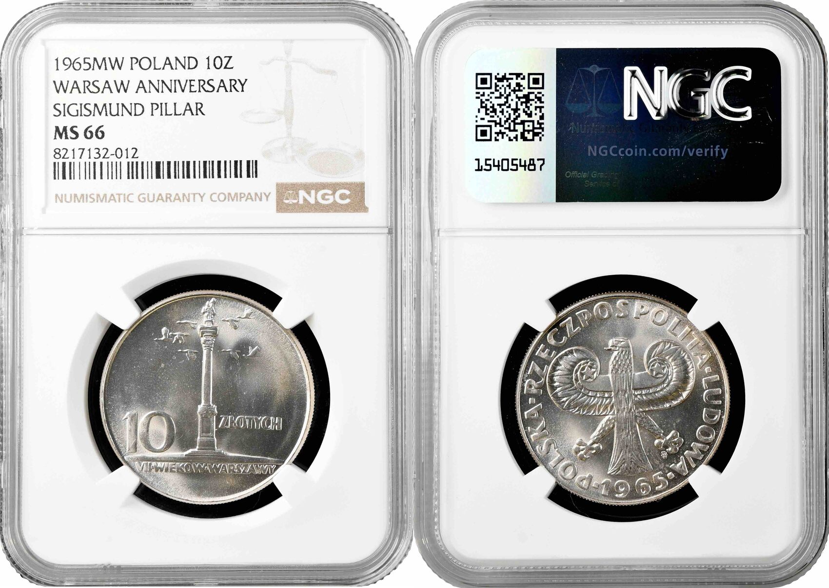 10 zlotych Poland 1965 MW, NGC MS66, 700th Anniv.- Warsaw, Sigismund Pillar | MA-Shops