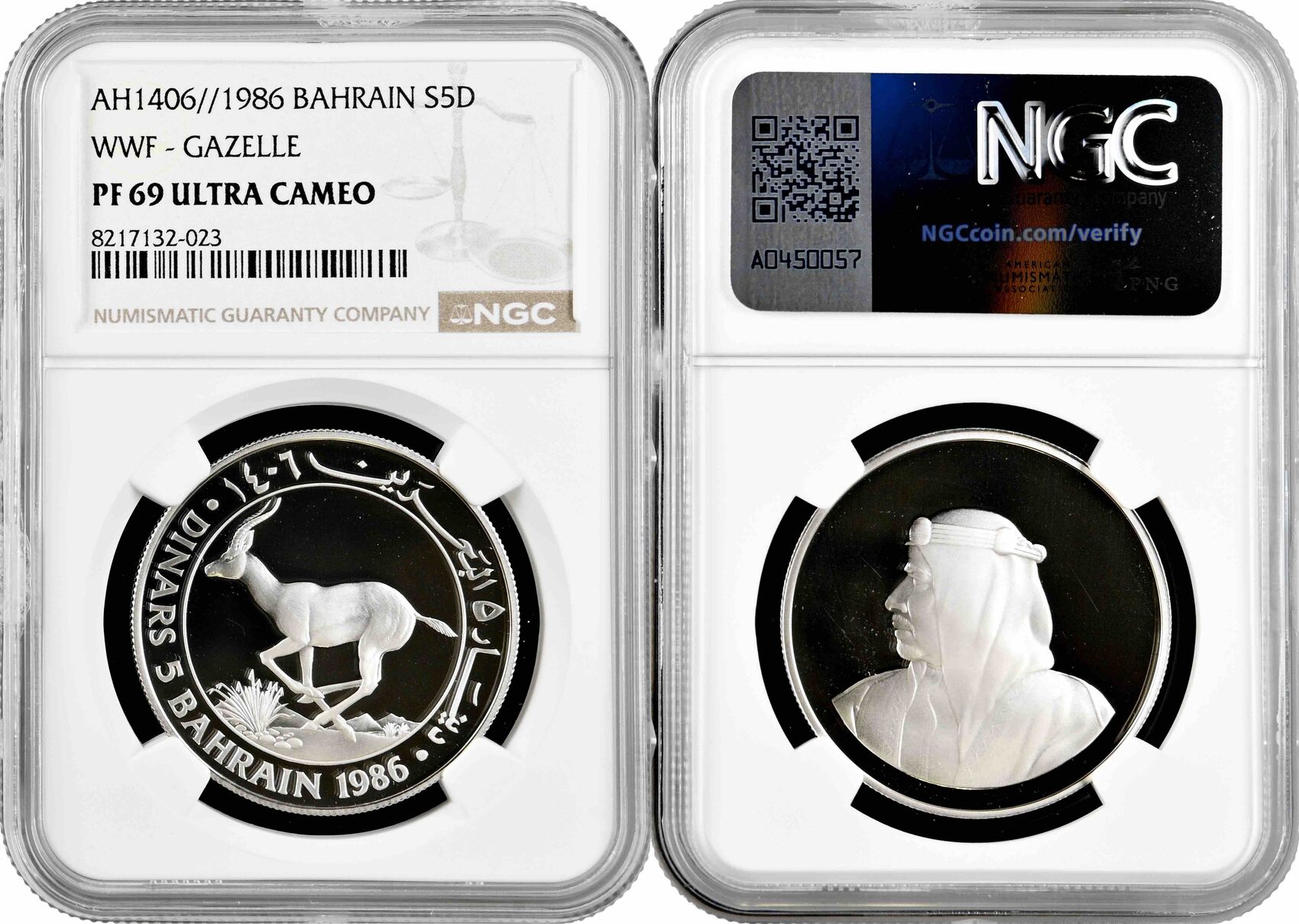 5 dinars Bahrain 1986, NGC PF69 UC, World Wildlife Fund - Gazelle ...